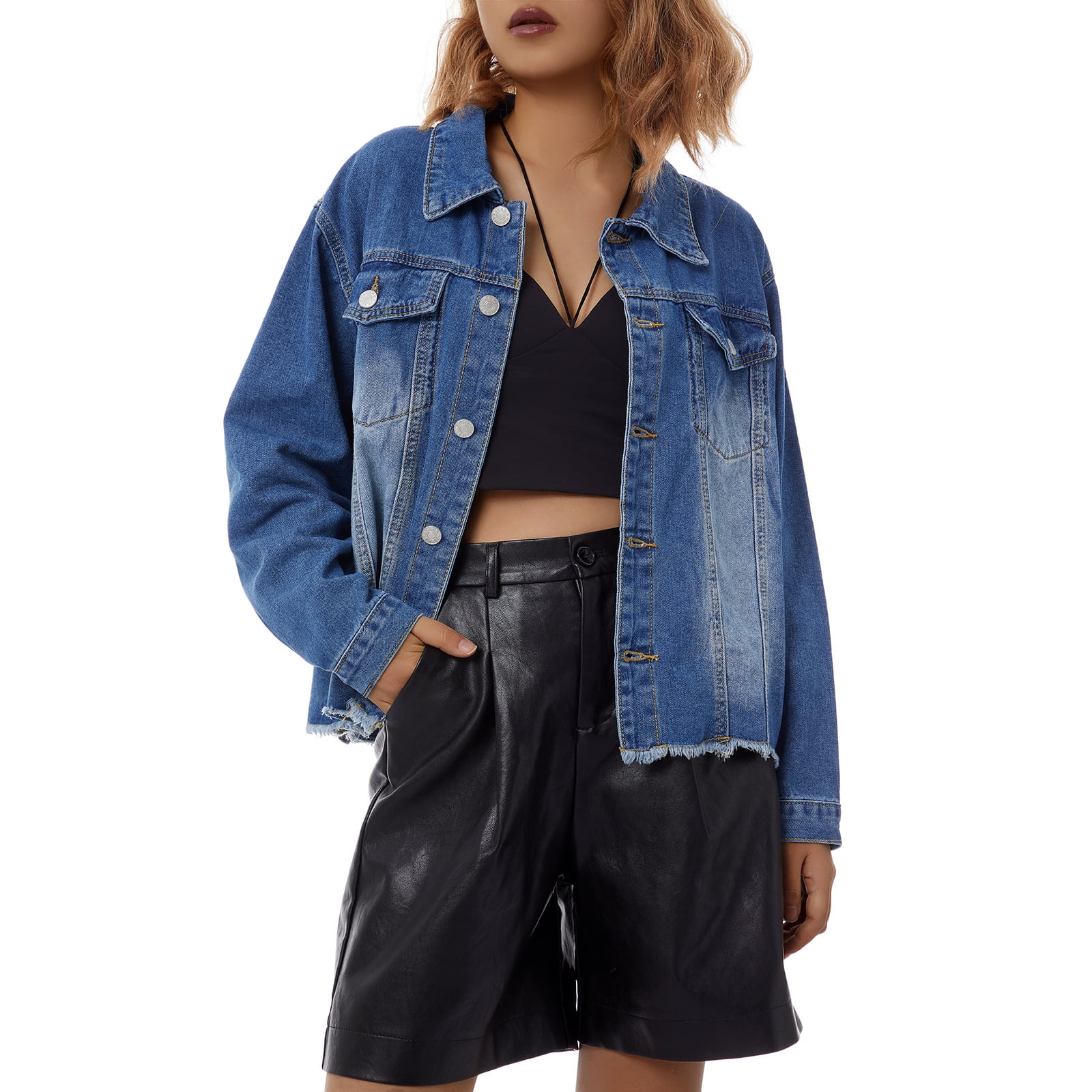 EYIIYE Women's Washed Denim Jacket, Long Sleeve Button Down Loose ...