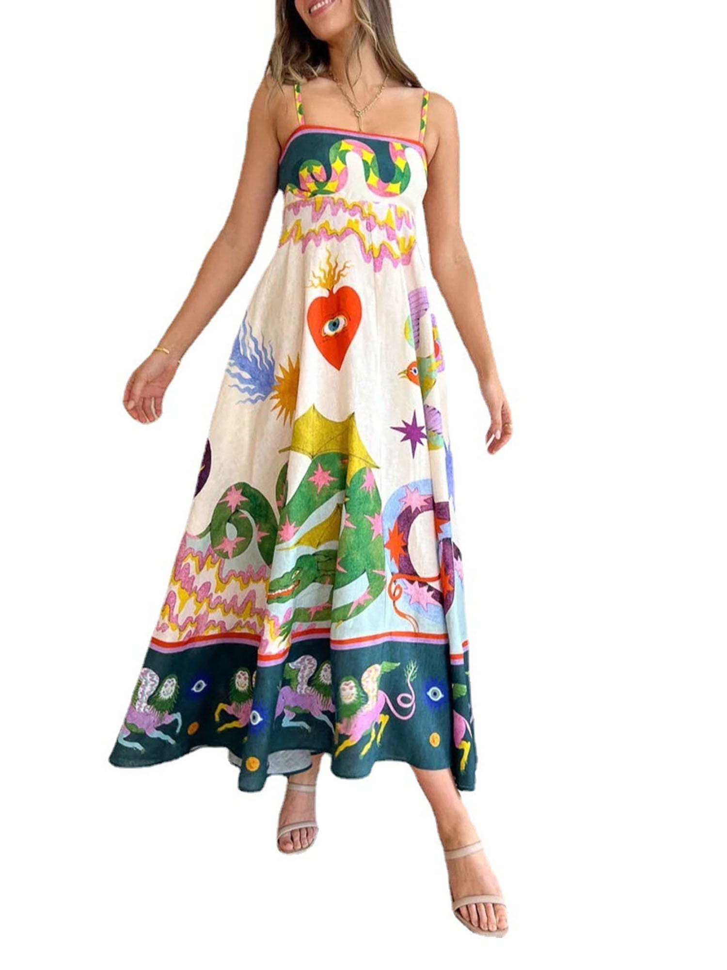 EYIIYE Y2K Women Boho Graffiti Cami Long Dress Graphic Spaghetti Strap ...