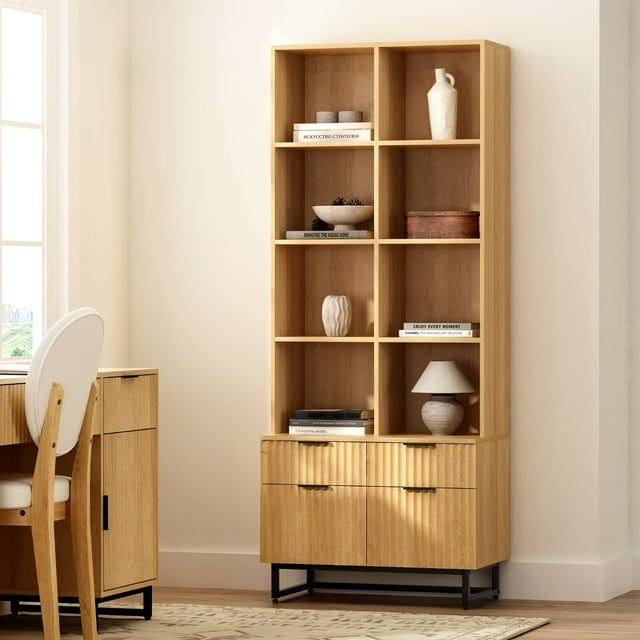 EYYTHUNG 71" Tall Fluted Bookshelf with Drawers, Modern Bookcase 4 Tier ...