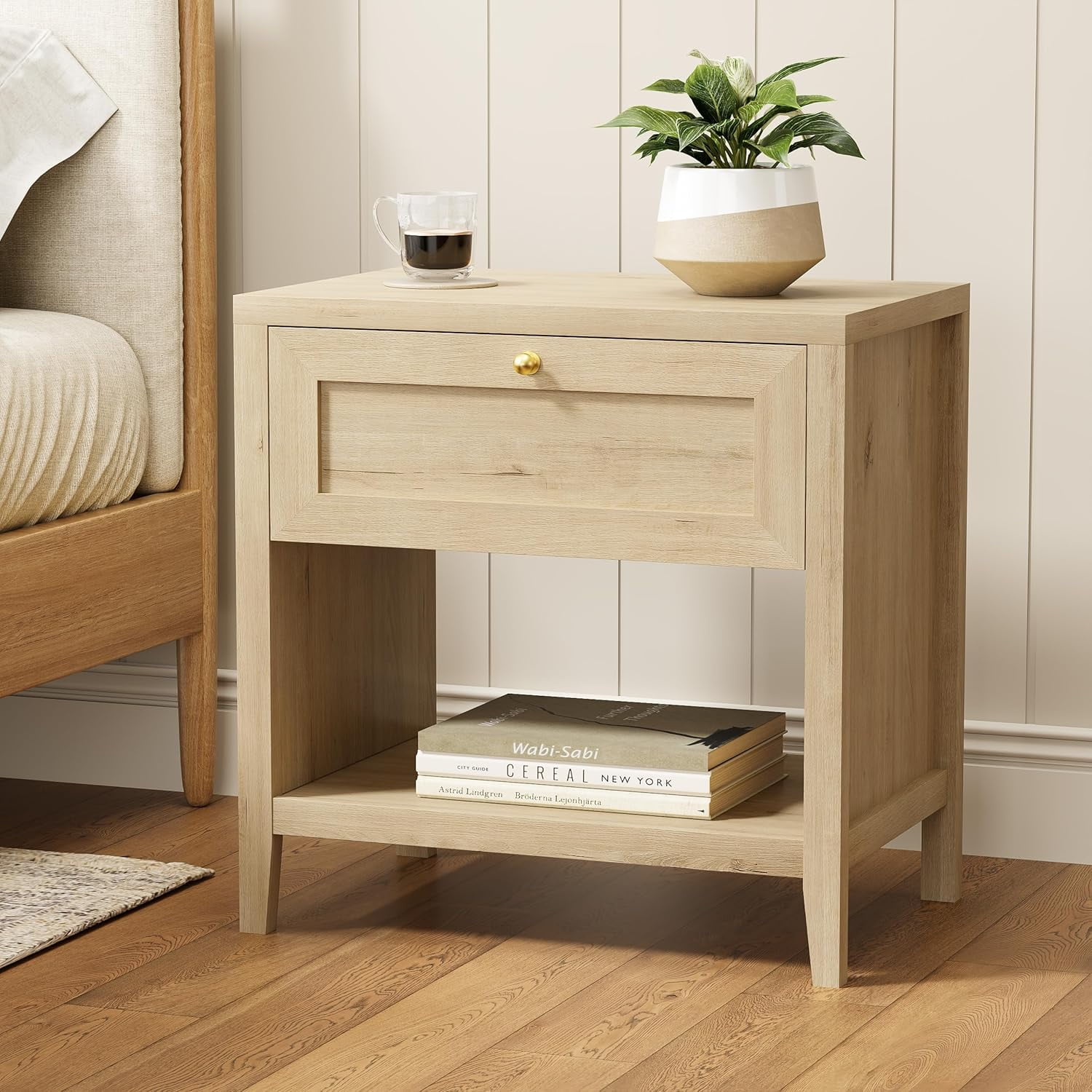 EYYTHUNG Farmhouse Night Stand, Wood Large Bedside End Table with ...