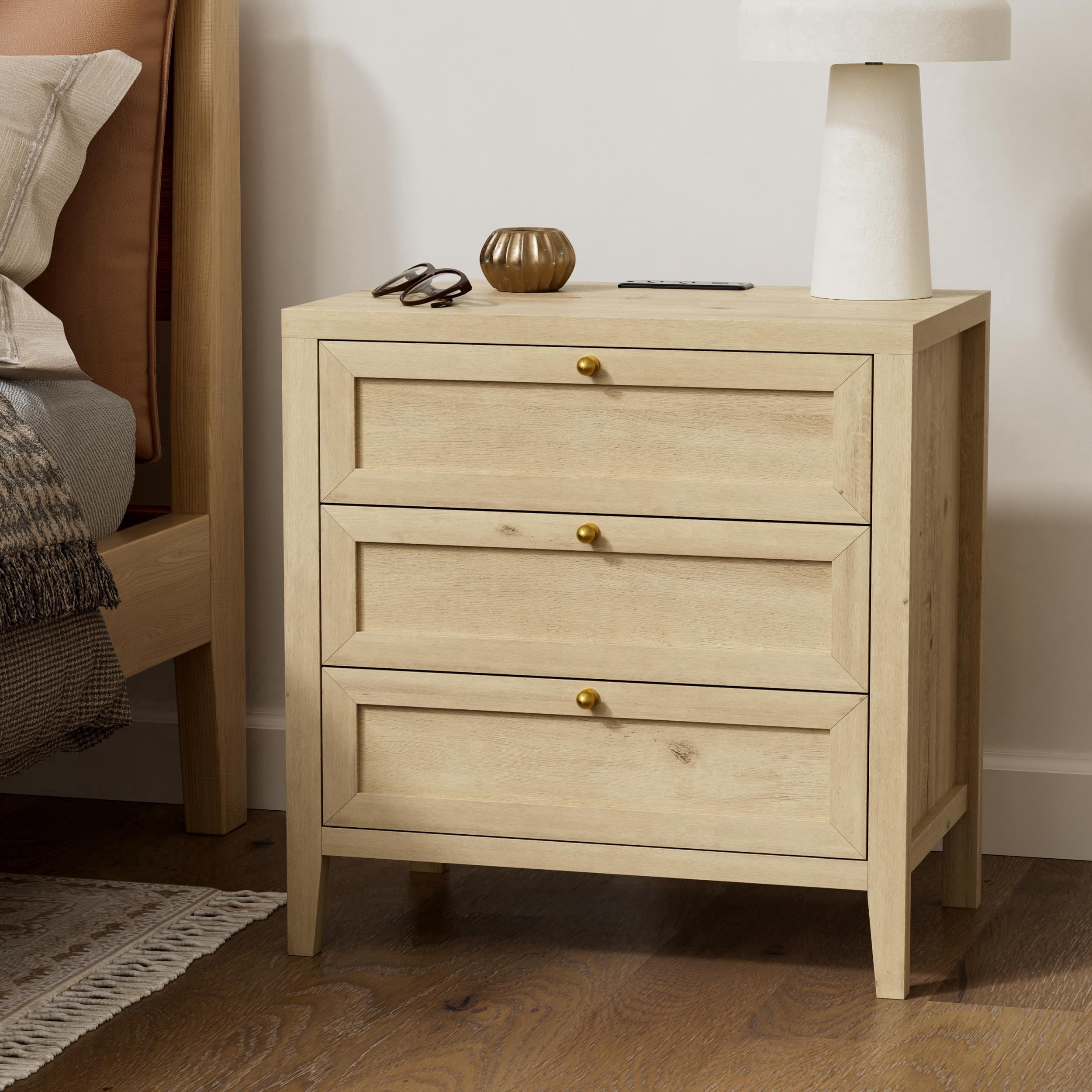 EYYTHUNG Farmhouse Night Stand with Charging Station, Wood Large ...