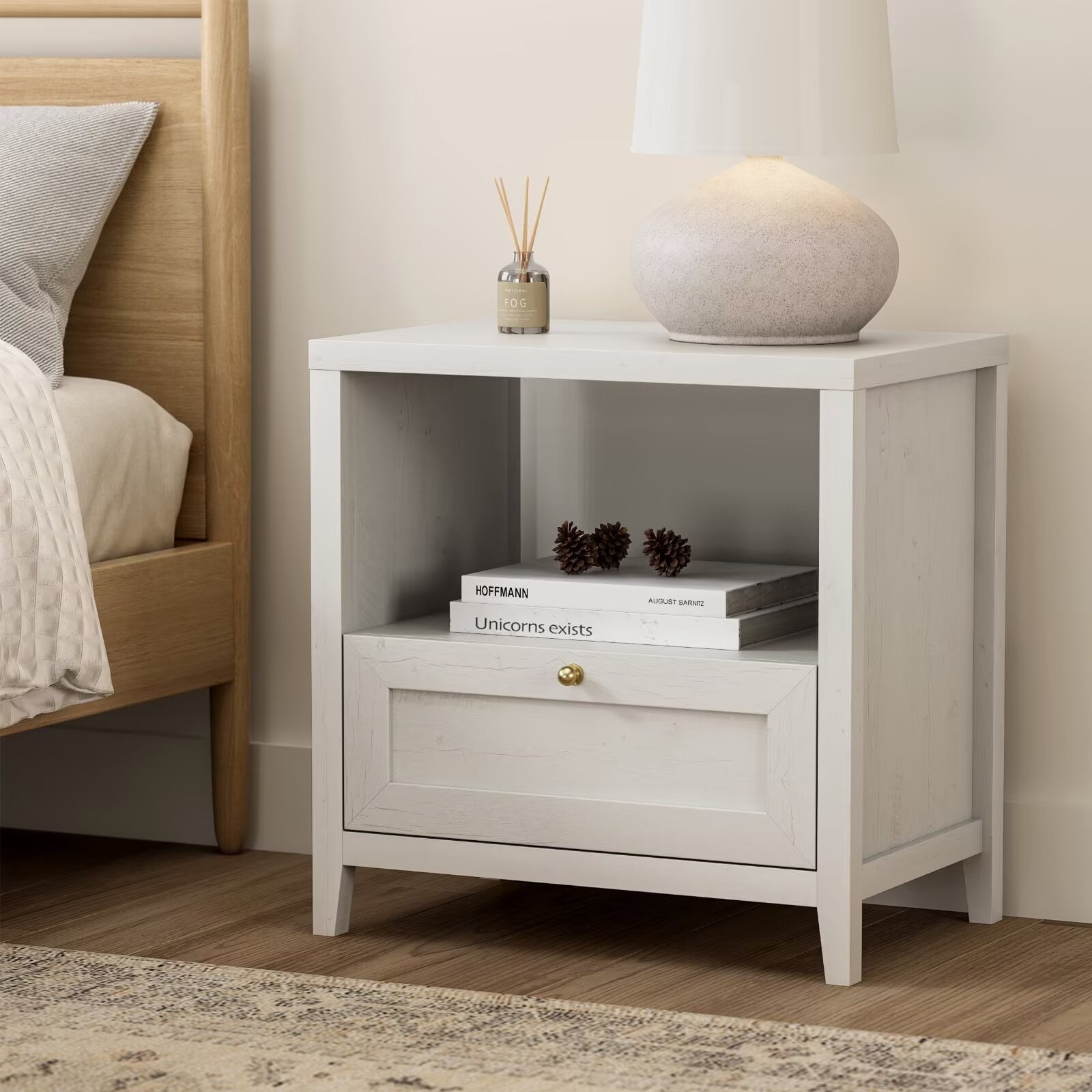 EYYTHUNG Farmhouse Nightstand with Drawer, Modern 24" Wide End Table ...