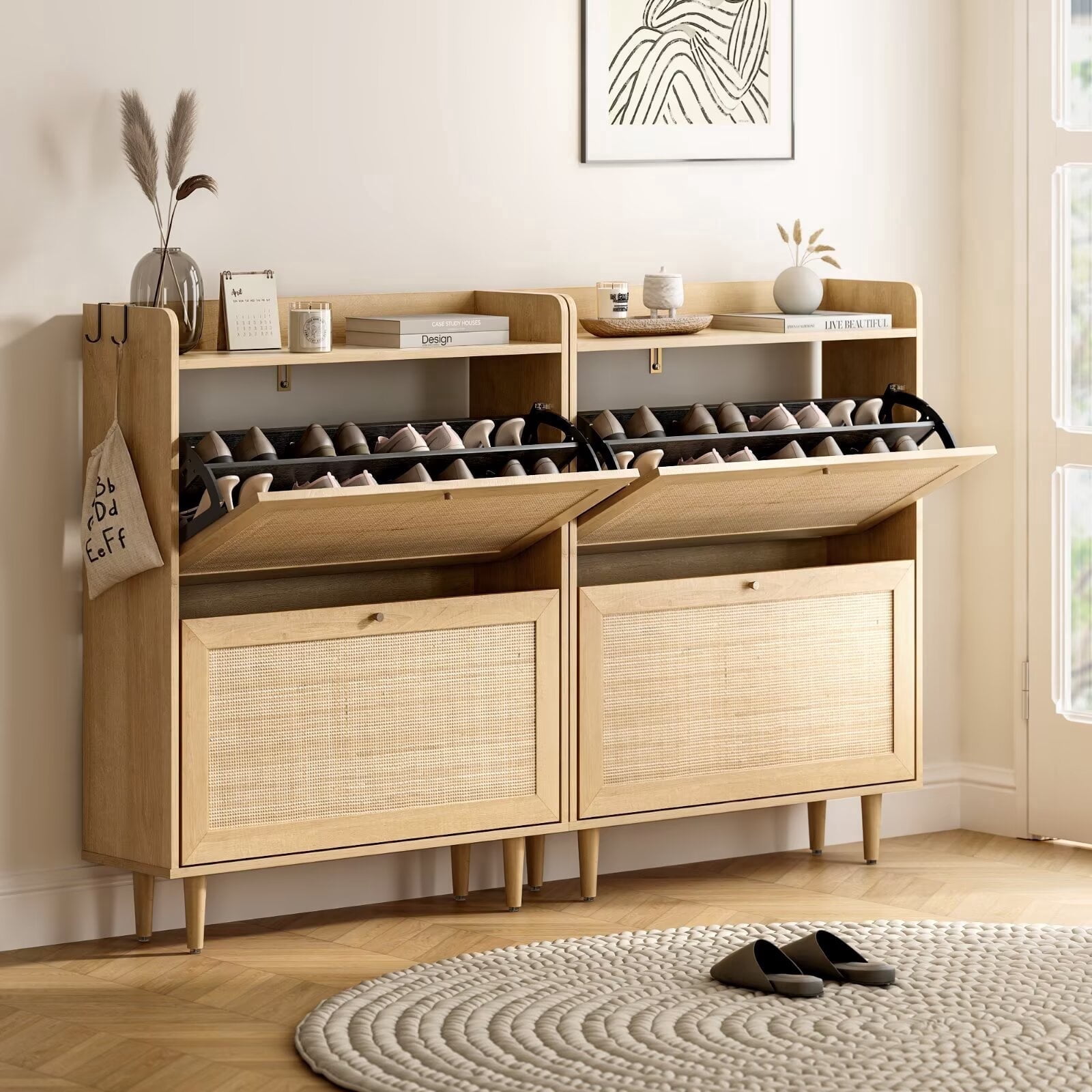 EYYTHUNG Farmhouse Rattan Shoe Cabinet Set of 2, Space-Saving Flip Down ...
