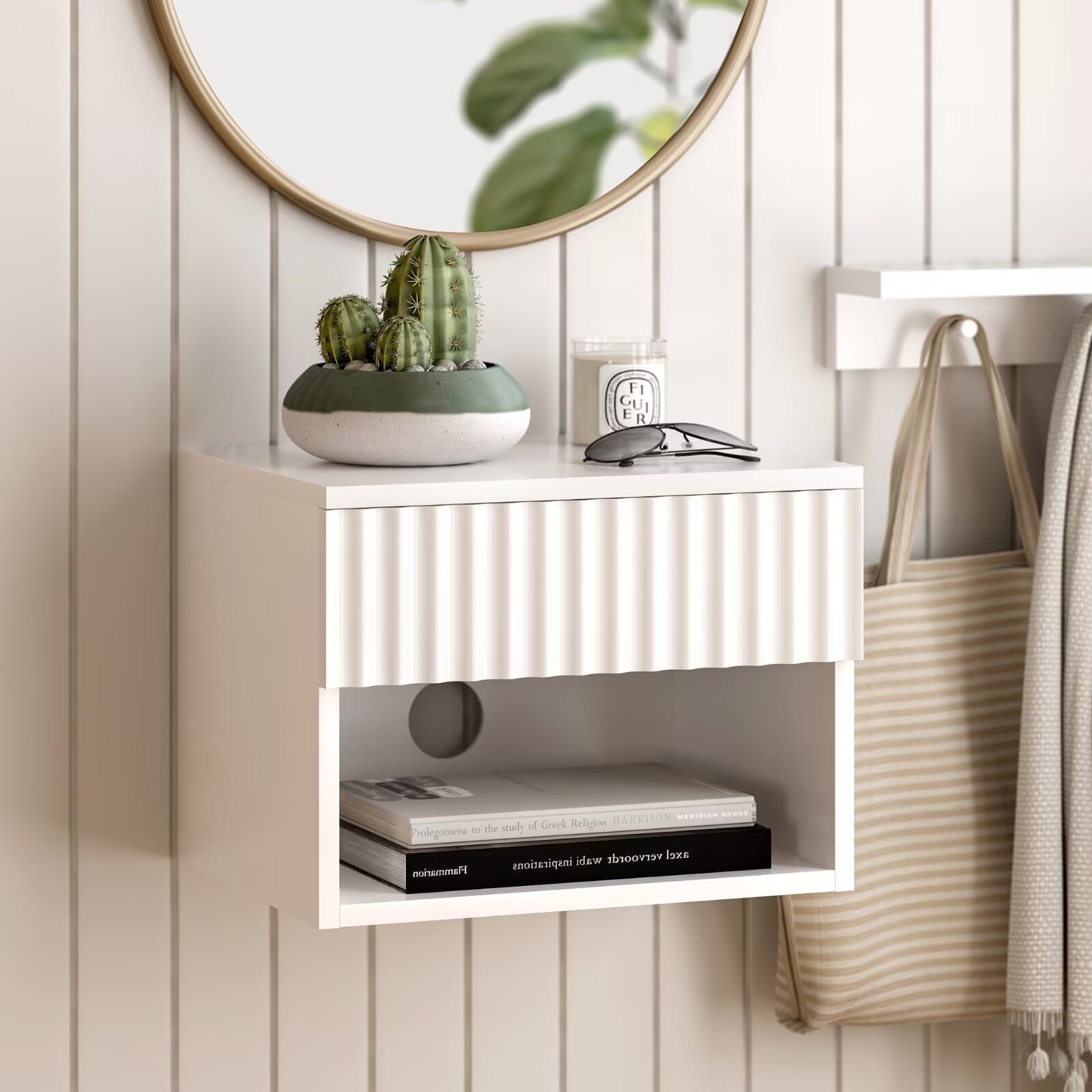 EYYTHUNG Floating Nightstand with Drawer, Modern Wall Mounted Small Bedside Table with Fluted ...