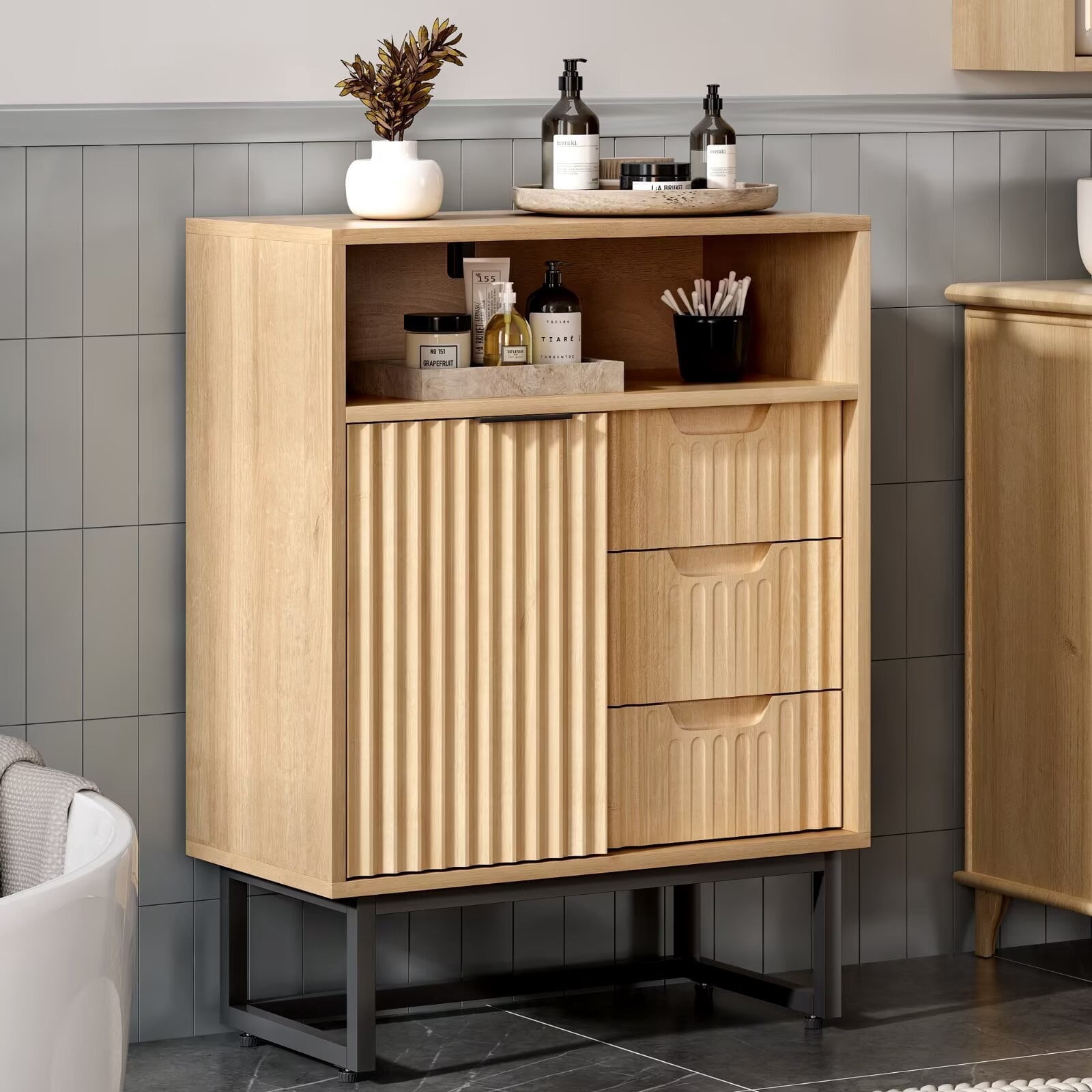 EYYTHUNG Fluted Bathroom Floor Cabinet with Sliding Door, 3 Drawers ...