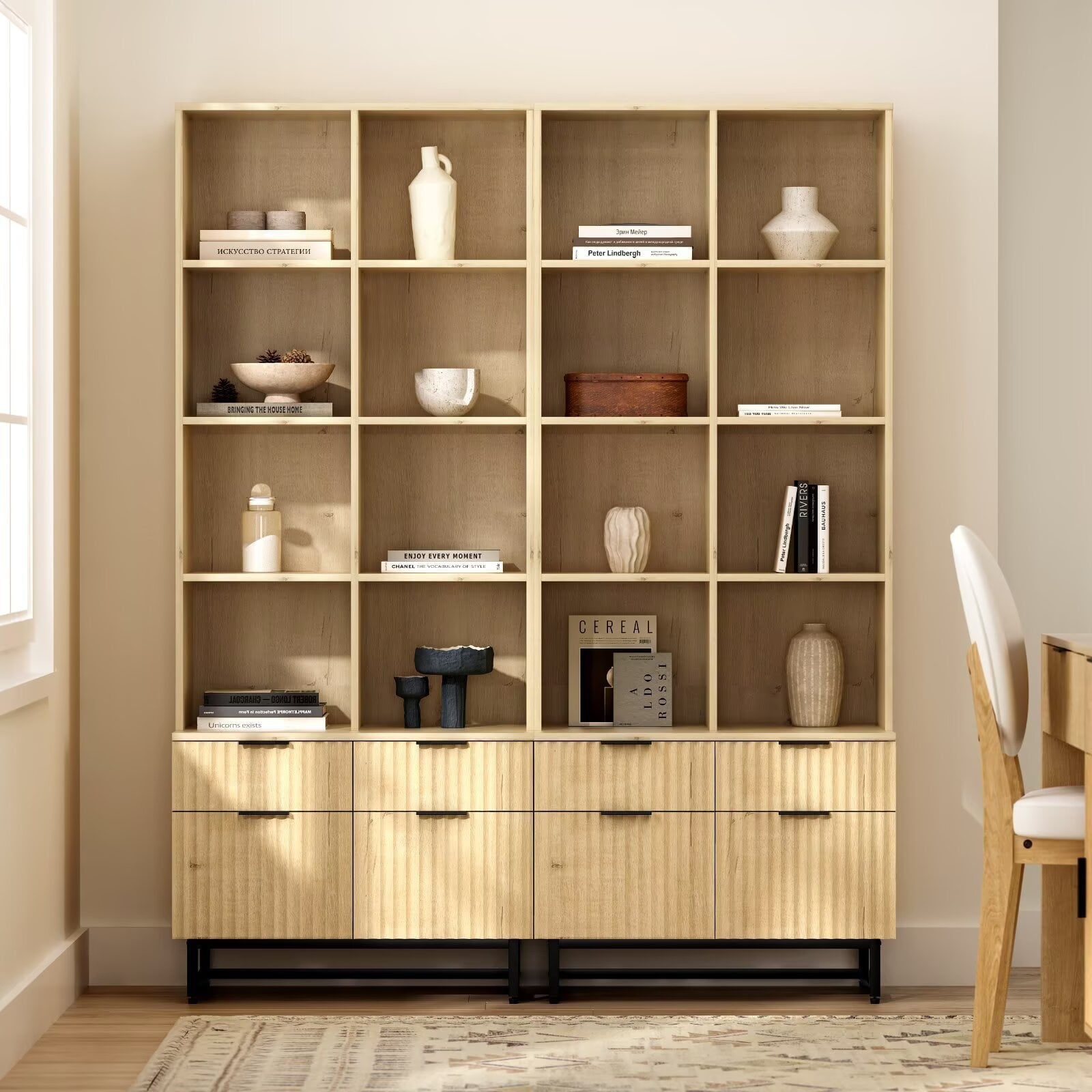 EYYTHUNG Fluted Bookshelves with Drawers Set of 2, 71" Tall Bookcases 4 ...