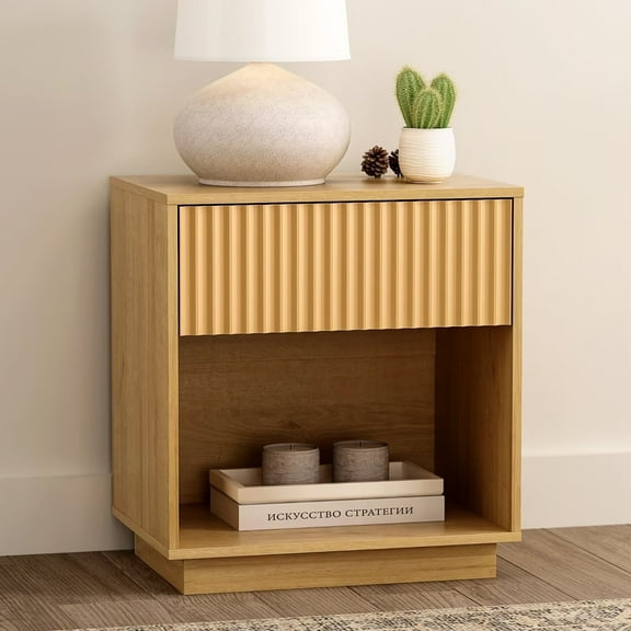Fluted Nightstand with Charging Station, End Side Table with LED and 2 ...