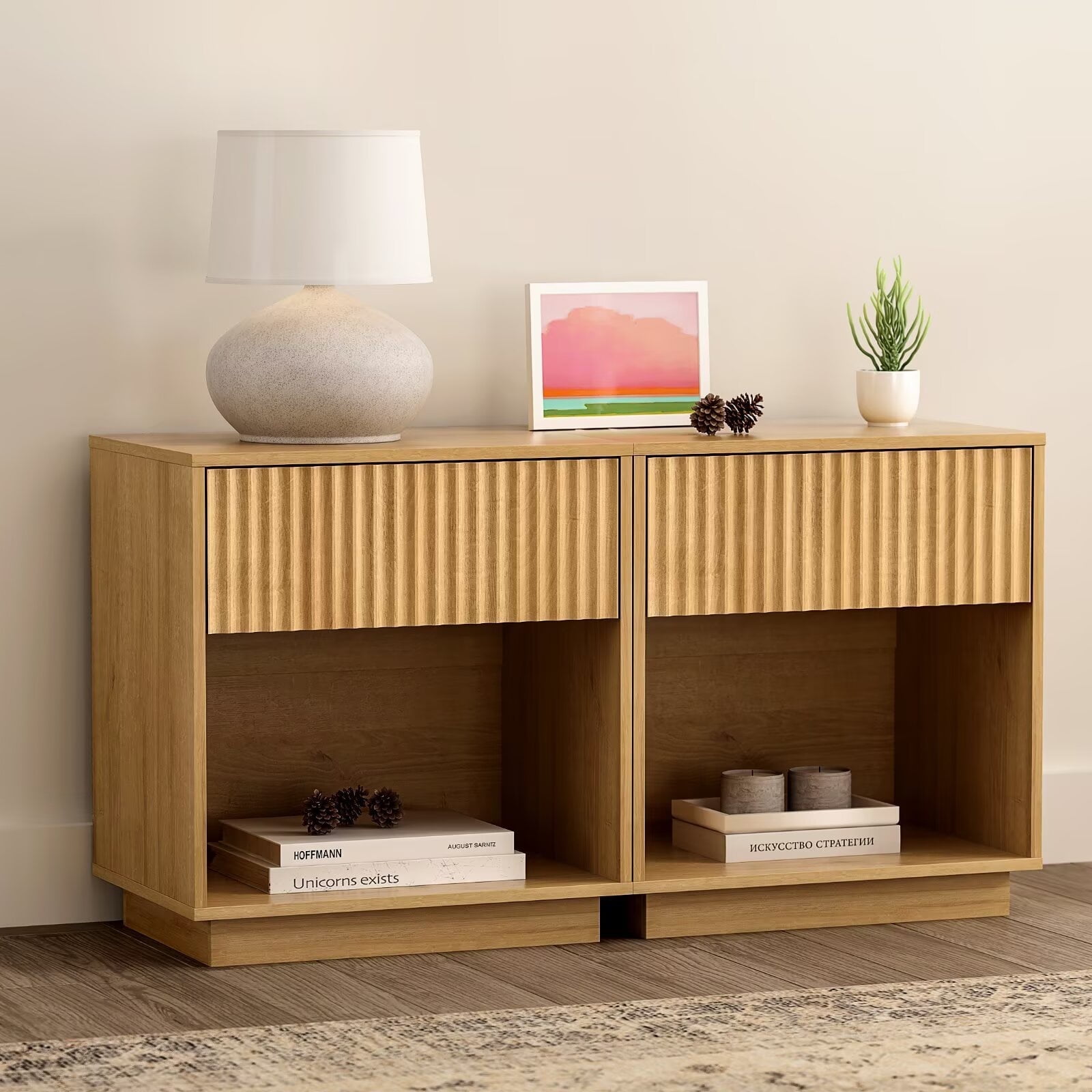 EYYTHUNG Fluted End Table with Drawer Set of 2, Modern Wooden ...