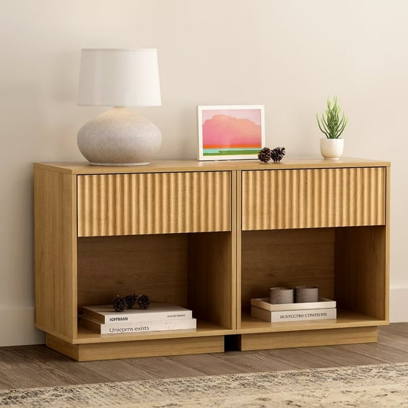 Fluted Nightstands Set of 2, Modern Bedside Table with Drawer and Storage Shelf, Wood End Table ...