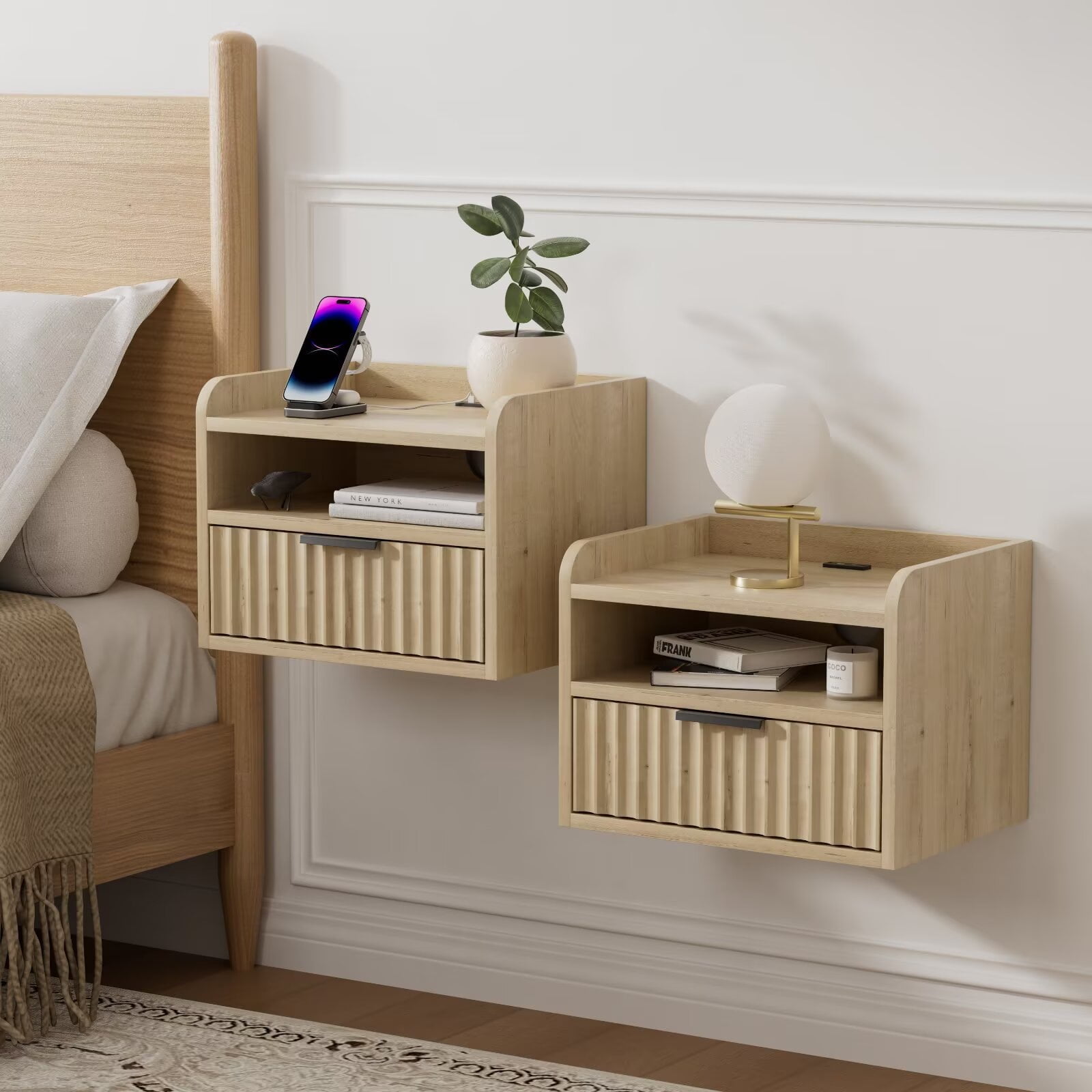 EYYTHUNG Fluted Floating Nightstand Set of 2, Wall Mounted Bedside ...
