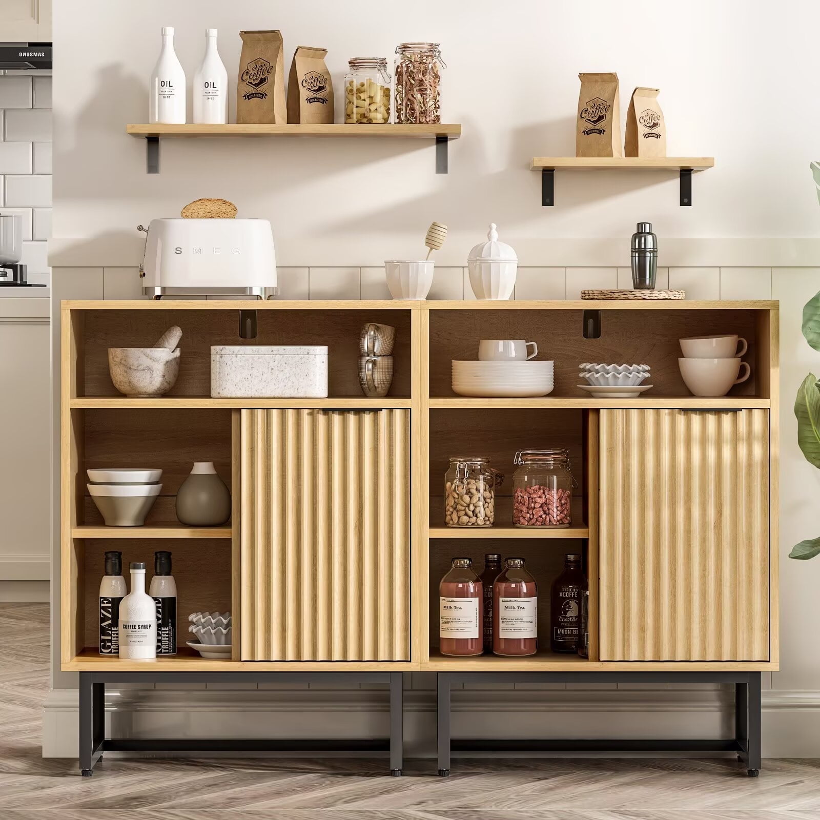 EYYTHUNG Fluted Kitchen Cabinets Set of 2, 3 Drawers Modern Solid Wood ...