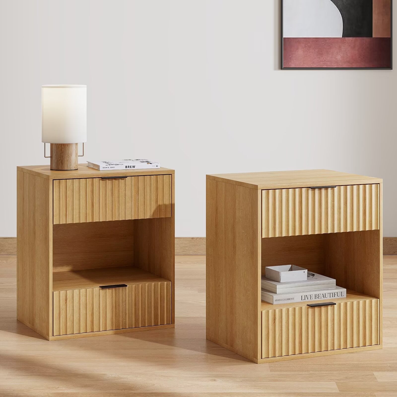 EYYTHUNG Fluted Nightstands Set of 2, 19.6" Modern Side Table with 2 ...