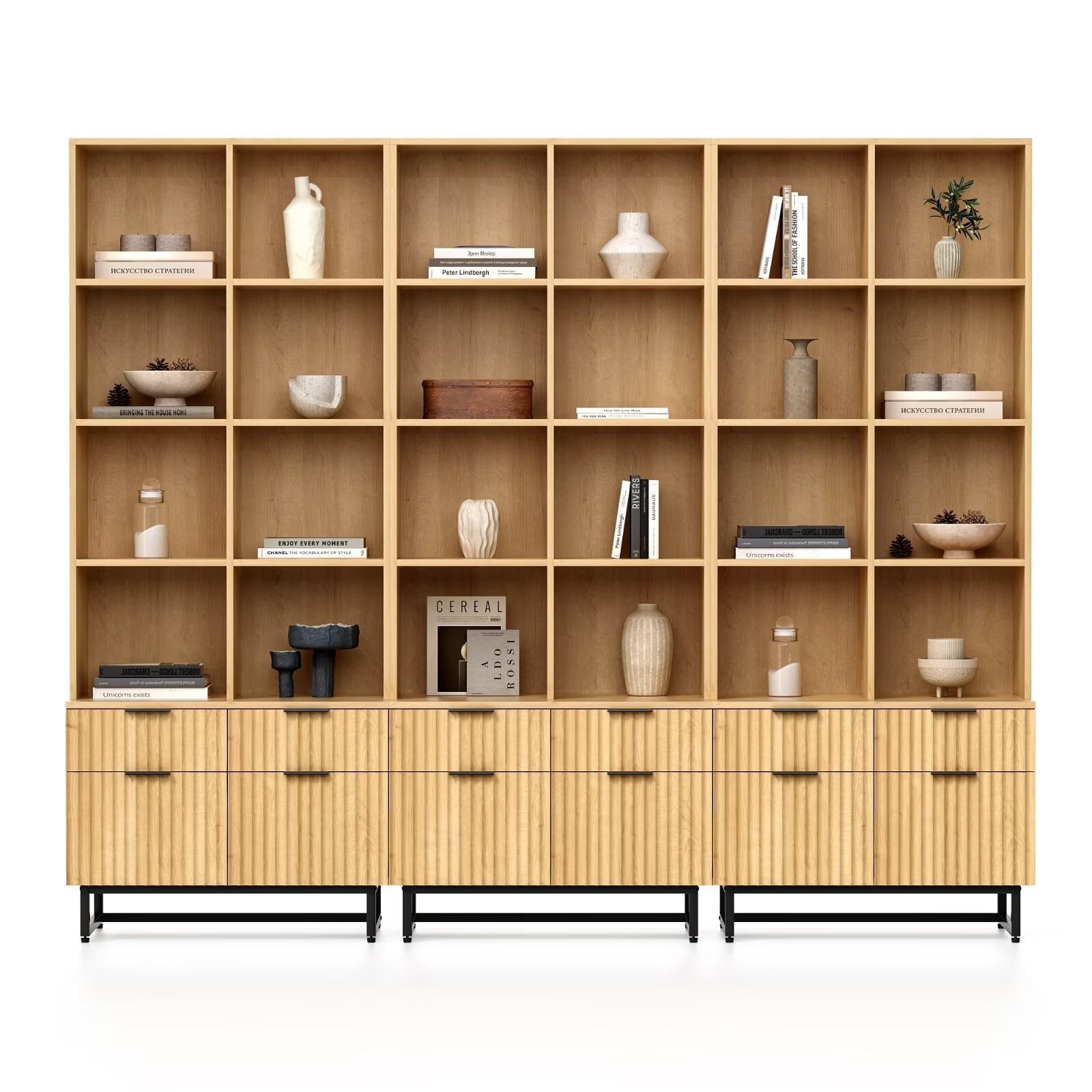 EYYTHUNG Fluted Tall Bookcase with Drawers Set of 3, 71" Tall Bookshelf ...