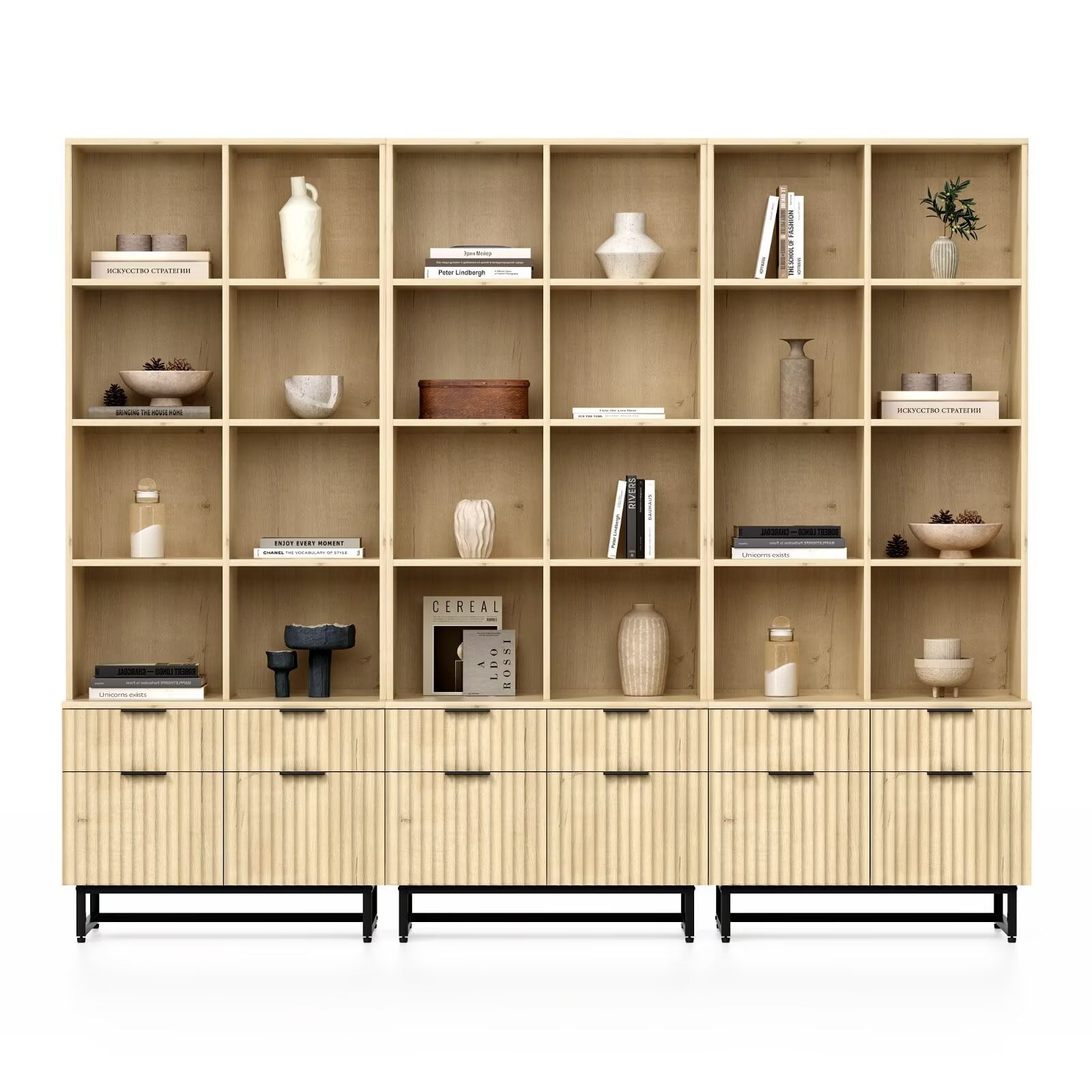 EYYTHUNG Fluted Tall Bookcase with Drawers Set of 3, 71" Tall Bookshelf ...