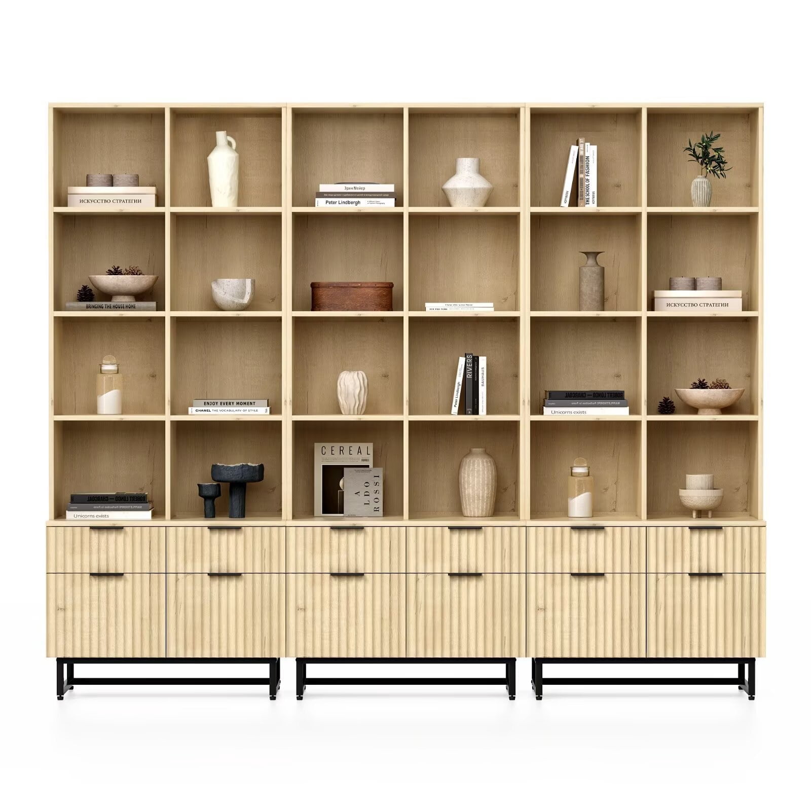 EYYTHUNG Fluted Tall Bookcase with Drawers, Mid-Century Farmhouse ...