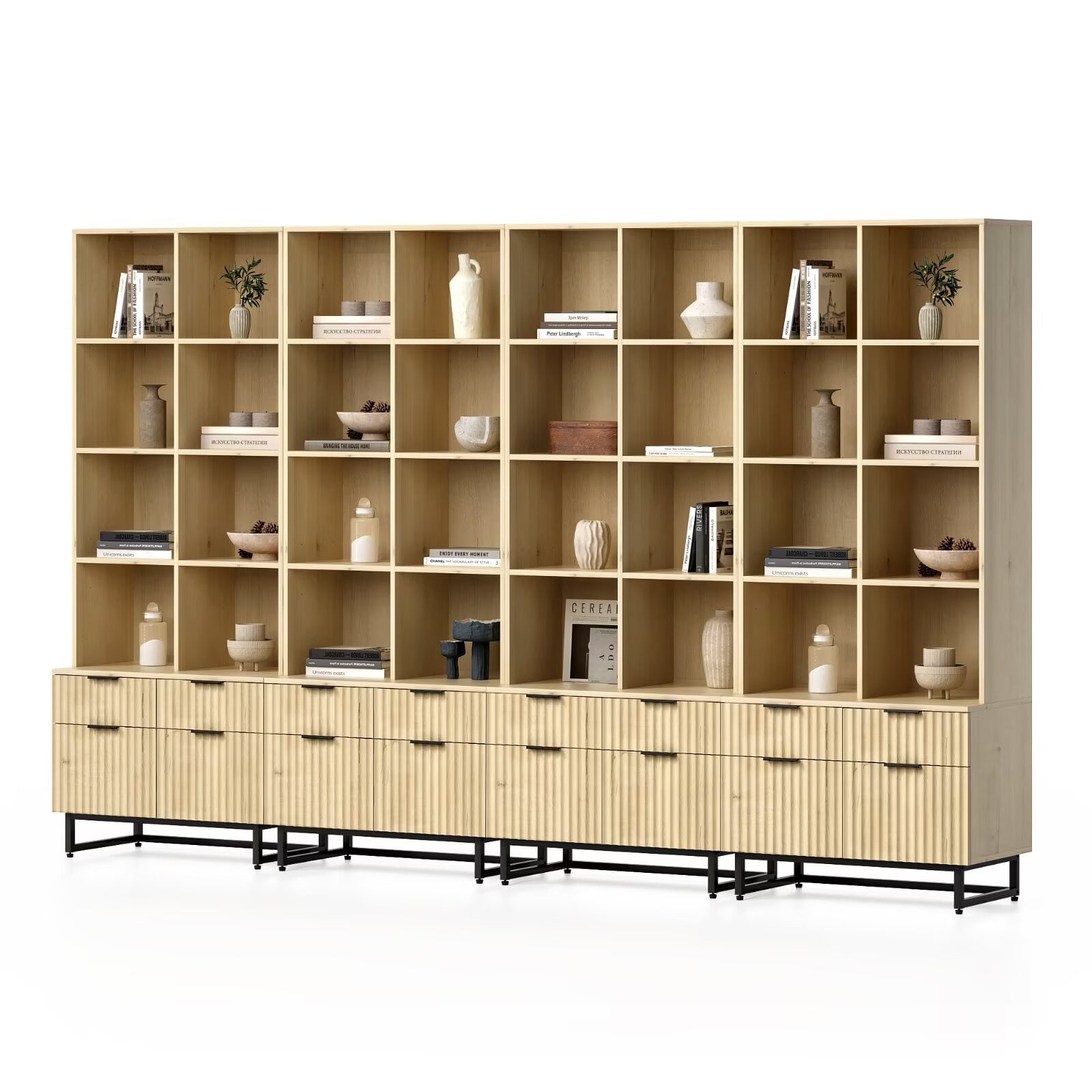 EYYTHUNG Fluted Tall Bookcase with Drawers Set of 4, 71" Tall Bookshelf ...