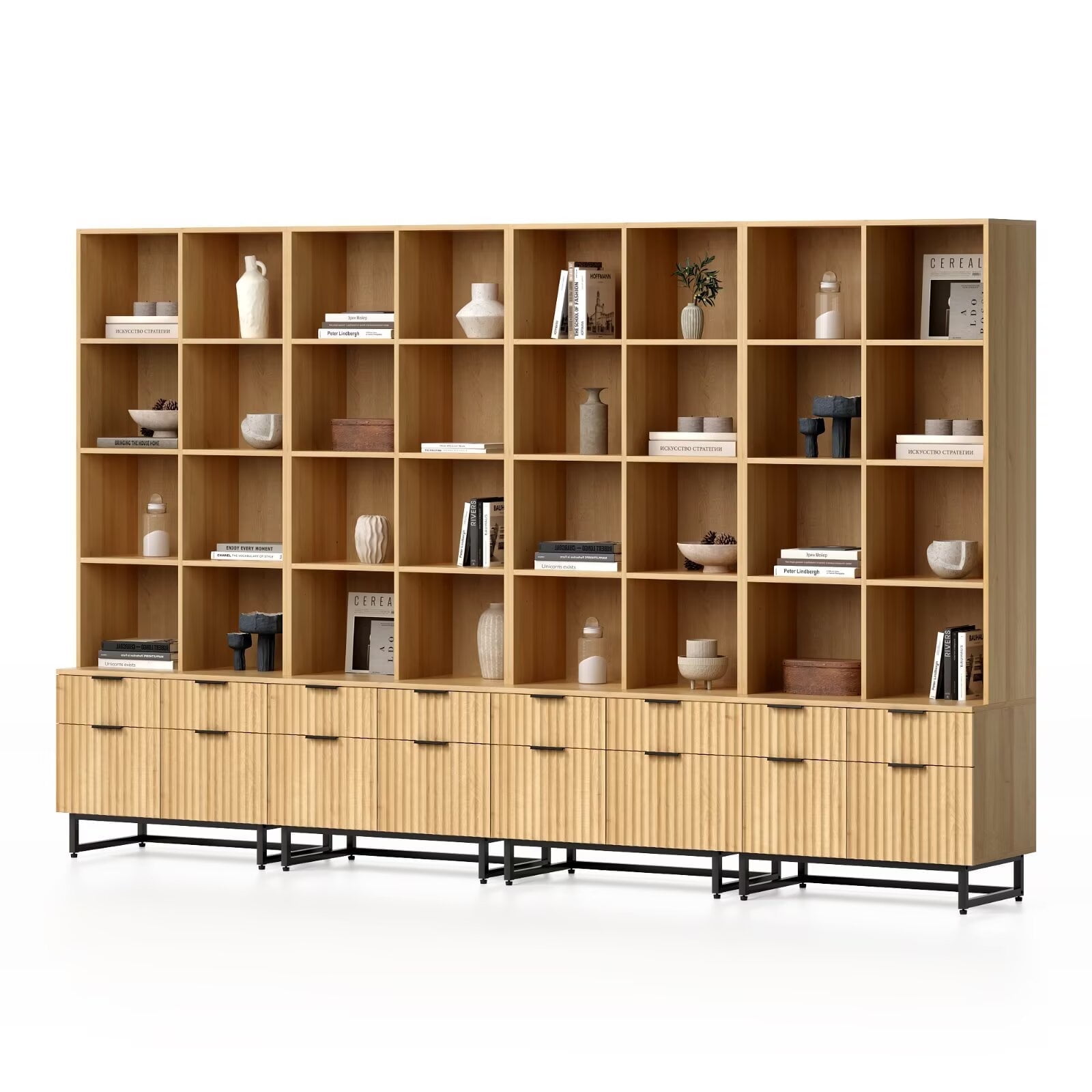 EYYTHUNG Fluted Tall Bookcase with Drawers, Mid-Century Farmhouse ...