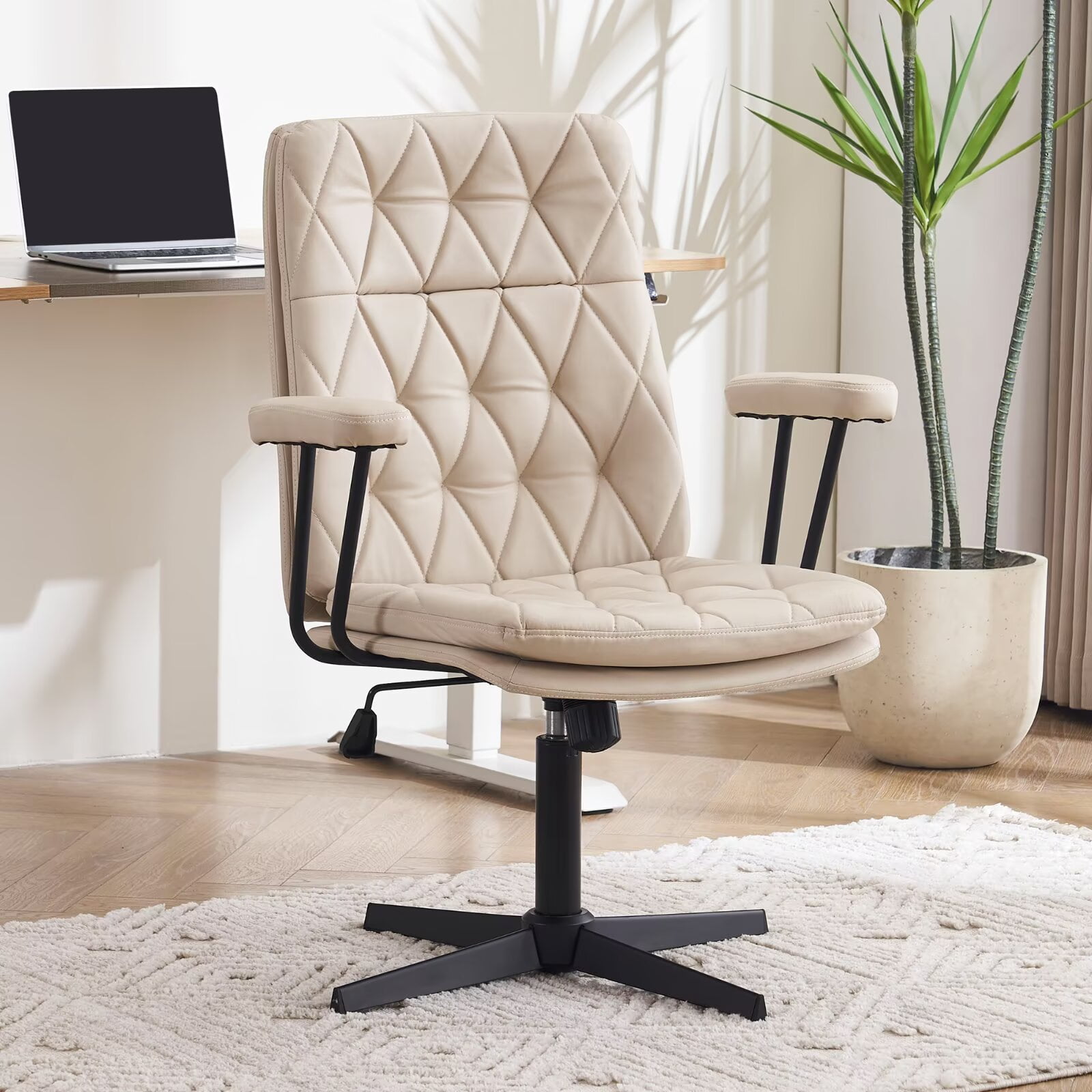 EYYTHUNG Home Office Desk Chair No Wheels with Arms, Crossleg ...