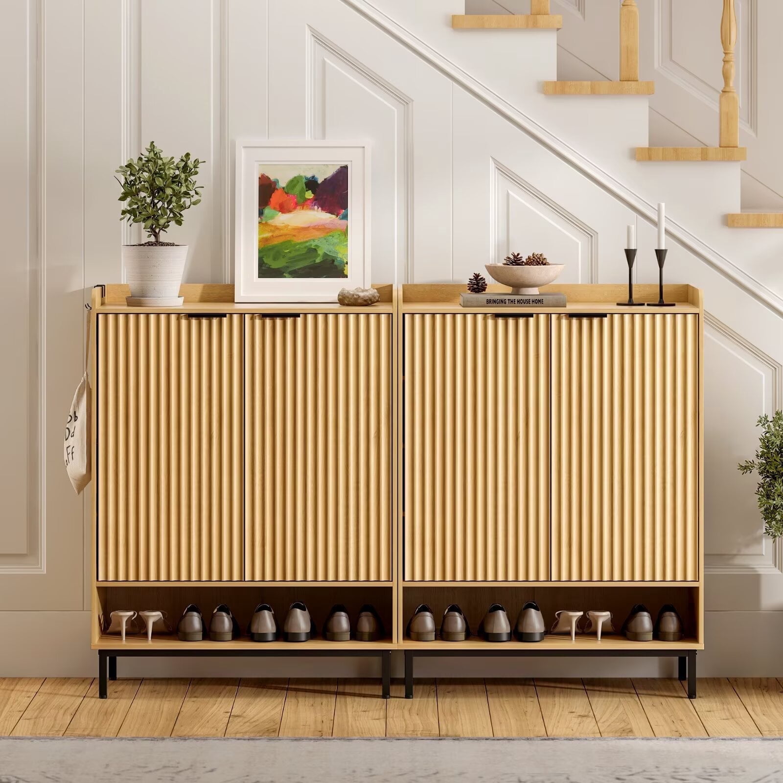 EYYTHUNG Fluted Wooden Modern Tall Freestanding Shoe Rack Organizer ...