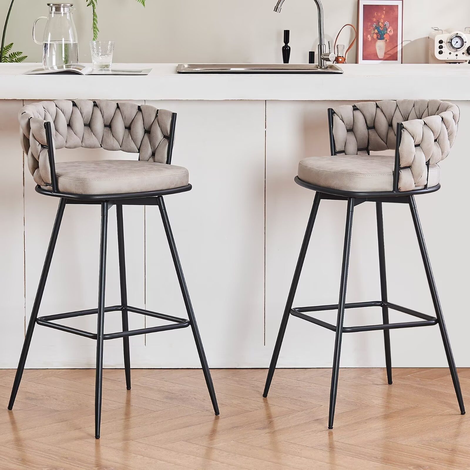 EYYTHUNG Modern Swivel Bar Stools Set of 2, Suede Fabric Woven Design ...