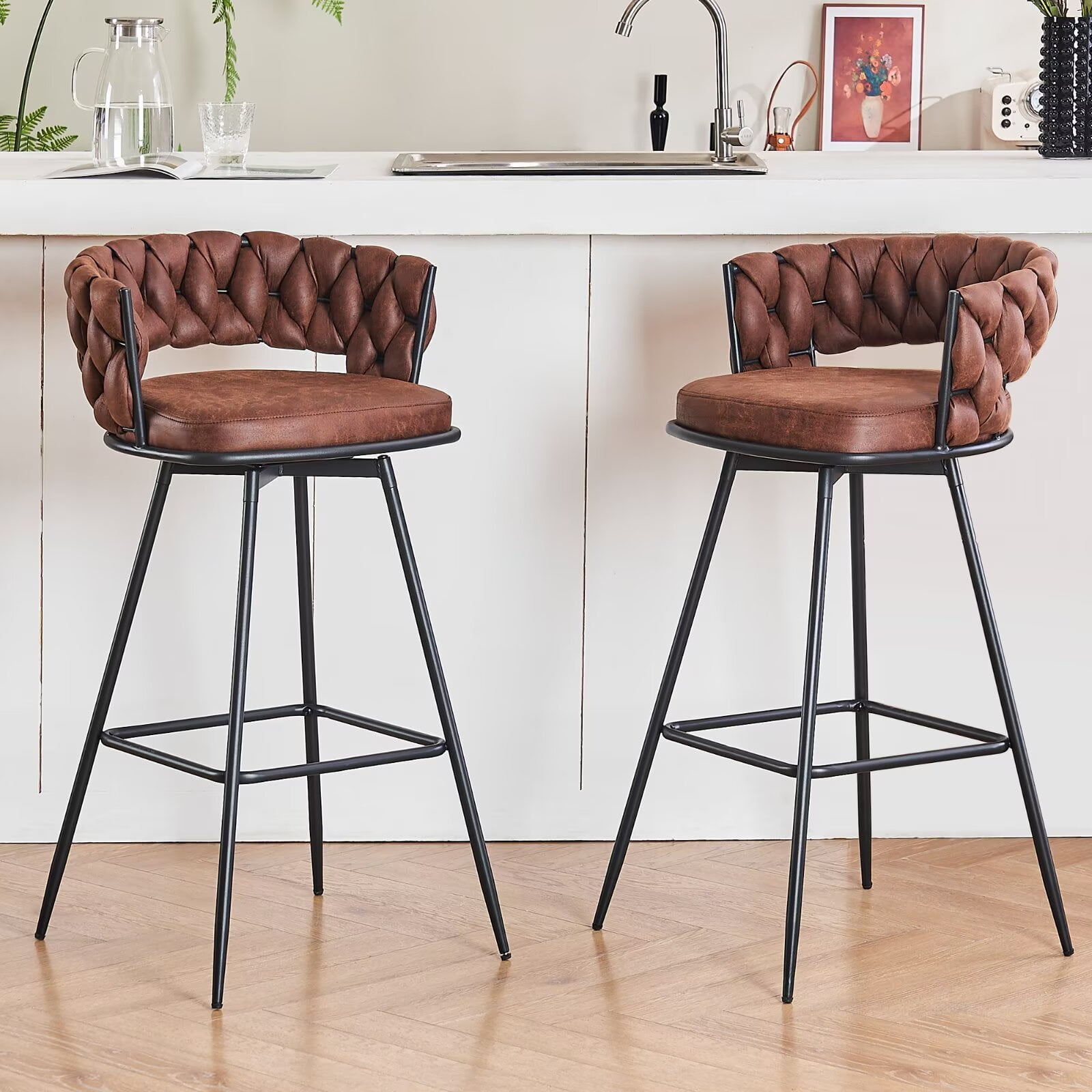 EYYTHUNG Modern Swivel Bar Stools Set of 2, Suede Fabric Woven Design ...