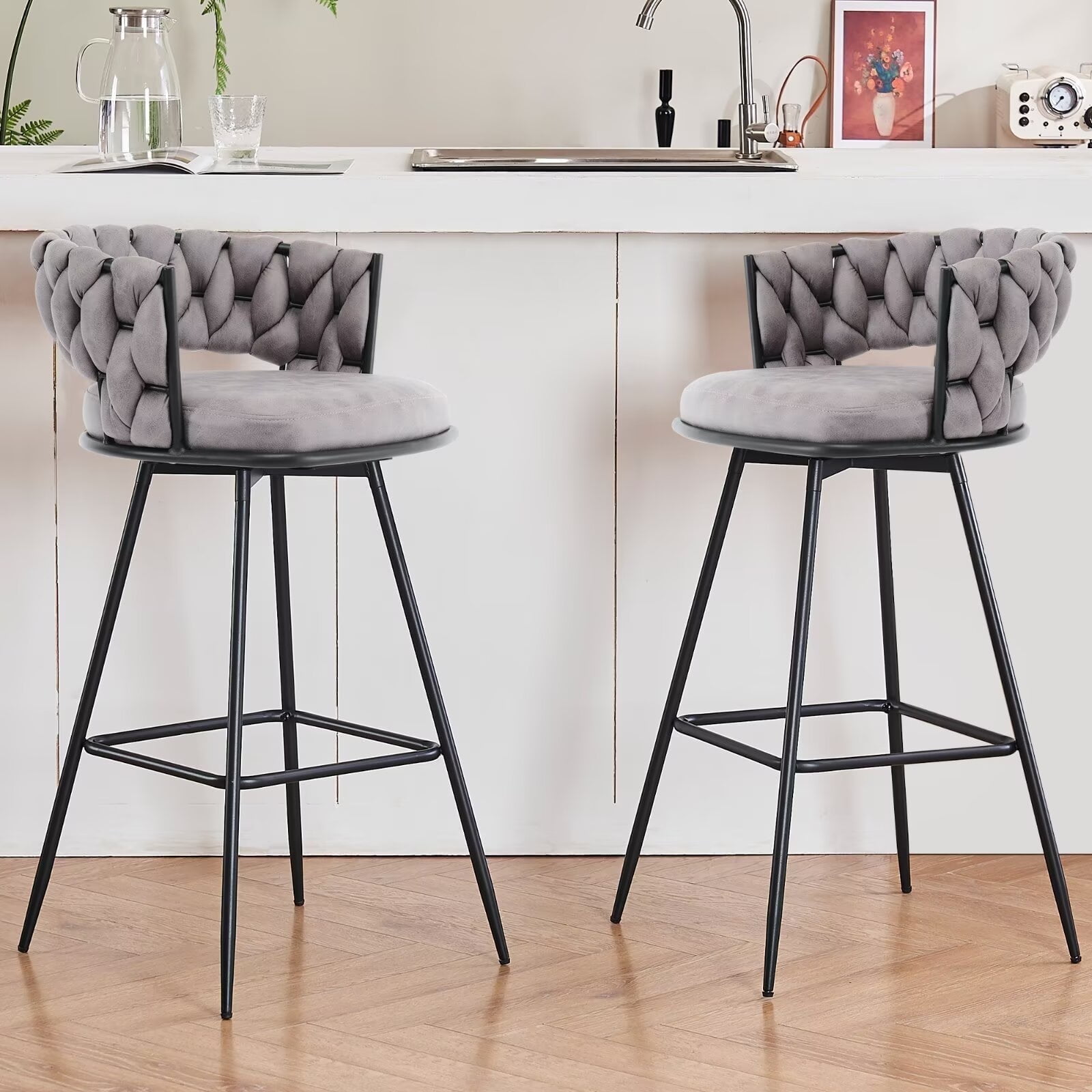 EYYTHUNG Modern Swivel Bar Stools Set of 2, 26“ Suede Fabric Woven ...