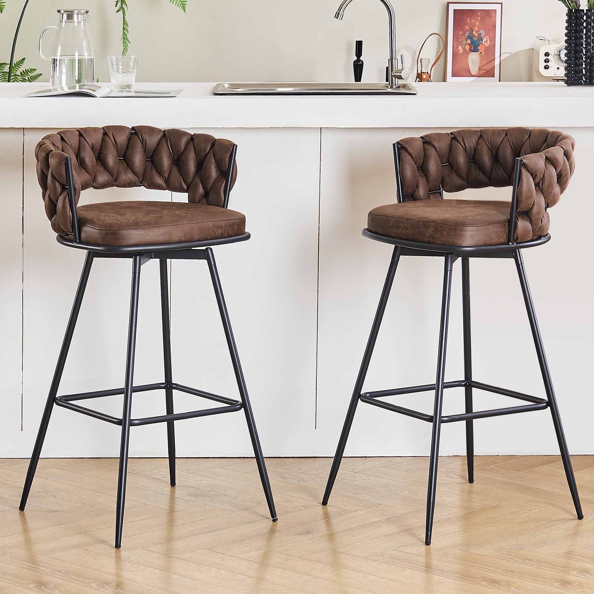 EYYTHUNG Modern Swivel Bar Stools Set of 2, Suede Fabric Woven Design ...