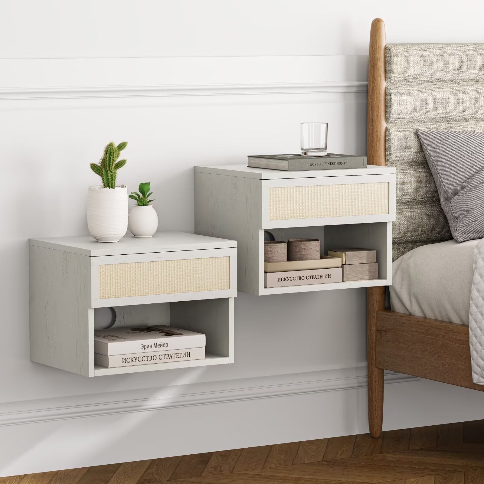 EYYTHUNG Rattan Floating Nightstands with Drawer Set of 2, Small Wall ...