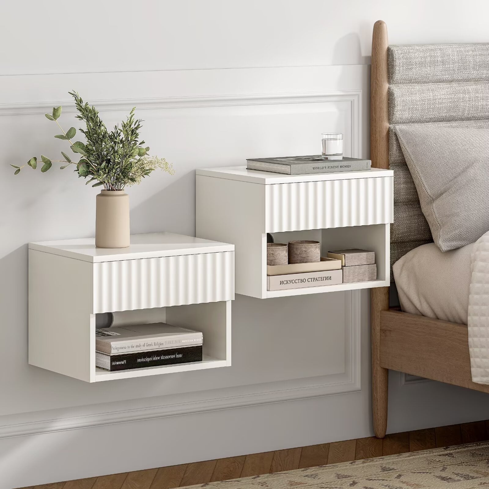 EYYTHUNG Wall-Mounted Floating Nightstand Set of 2, Modern Fluted ...