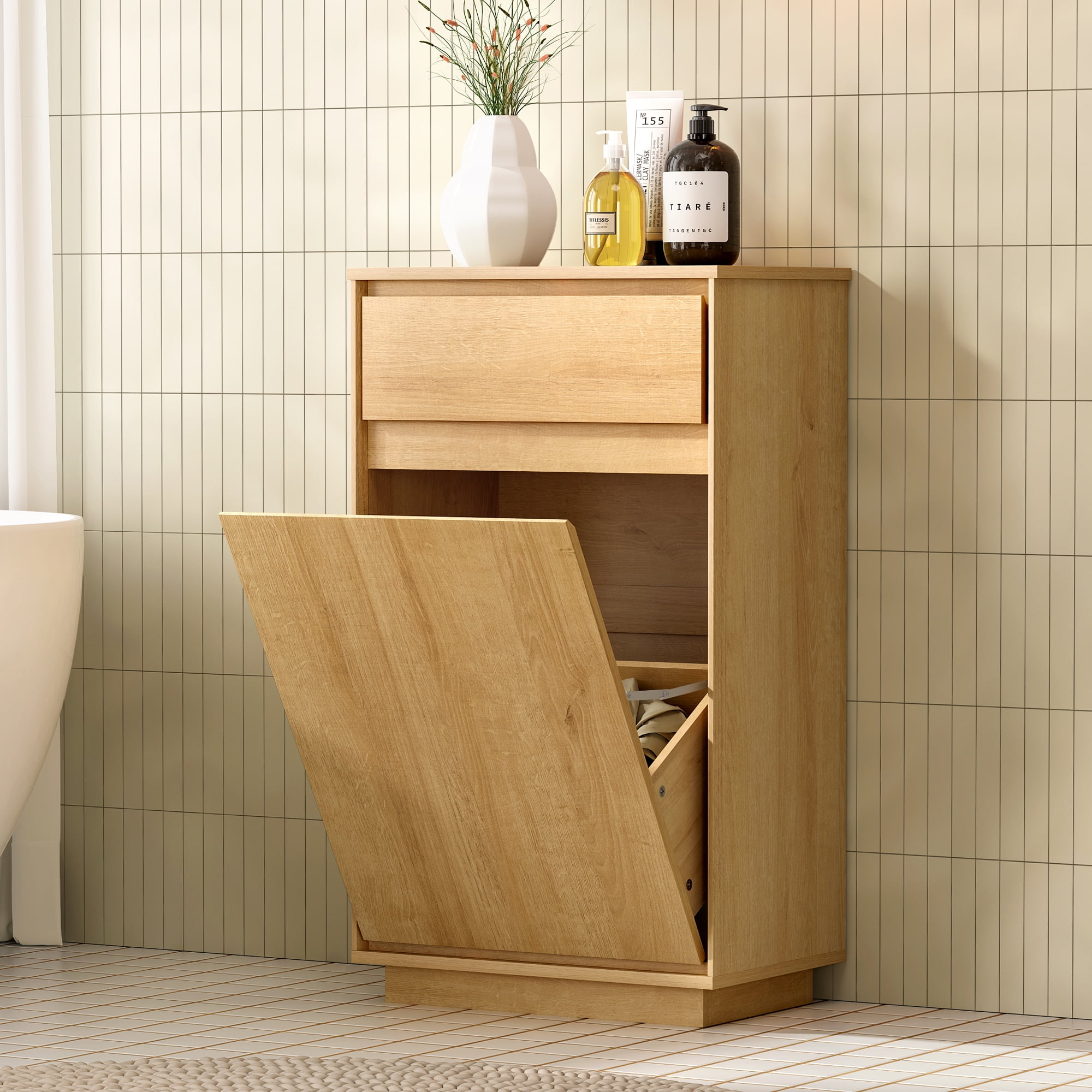 EYYTHUNG Wooden Laundry Hamper Cabinet, 10 Gallon Tilt Out Trash Can ...