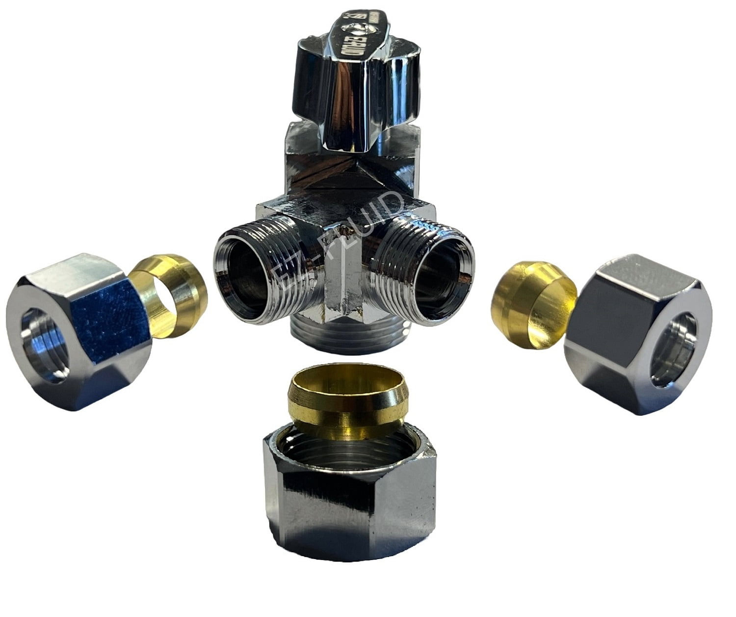 EZ-Fluid 5/8" Comp O.D X 1/4"Comp X 3/8"Comp 1/4 Turn Dual Outlets ...