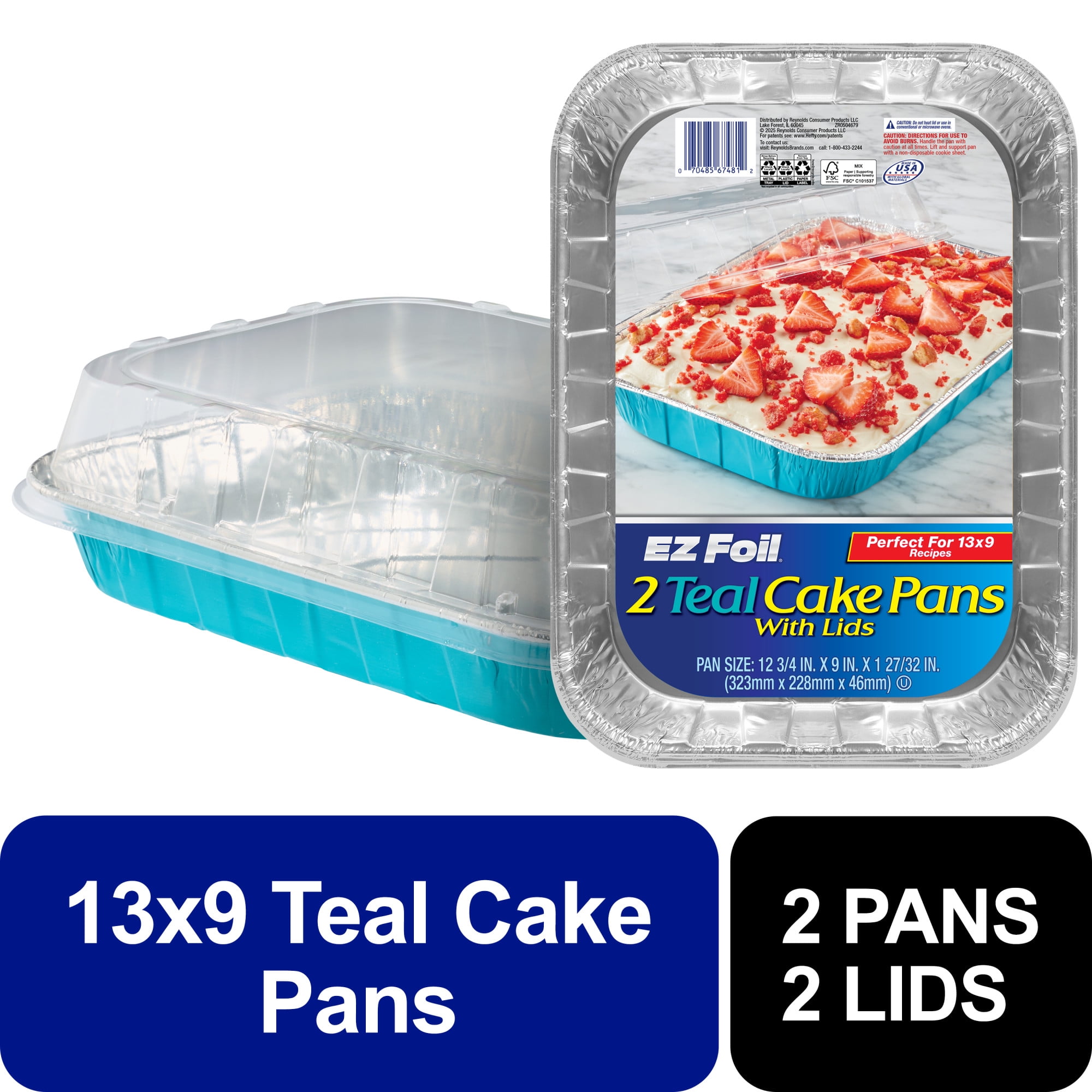 EZ Foil Disposable Cake Pans with Lids, Teal, 13 x 9 in., 2 Count ...