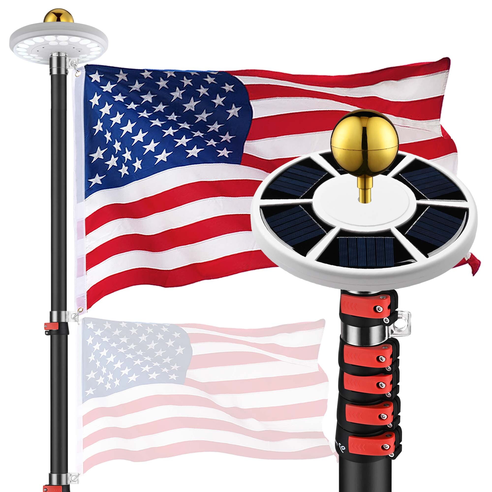 EZ GO 20 Ft Telescopic Flag Pole Kit with 26 LED Solar Light US Flag ...