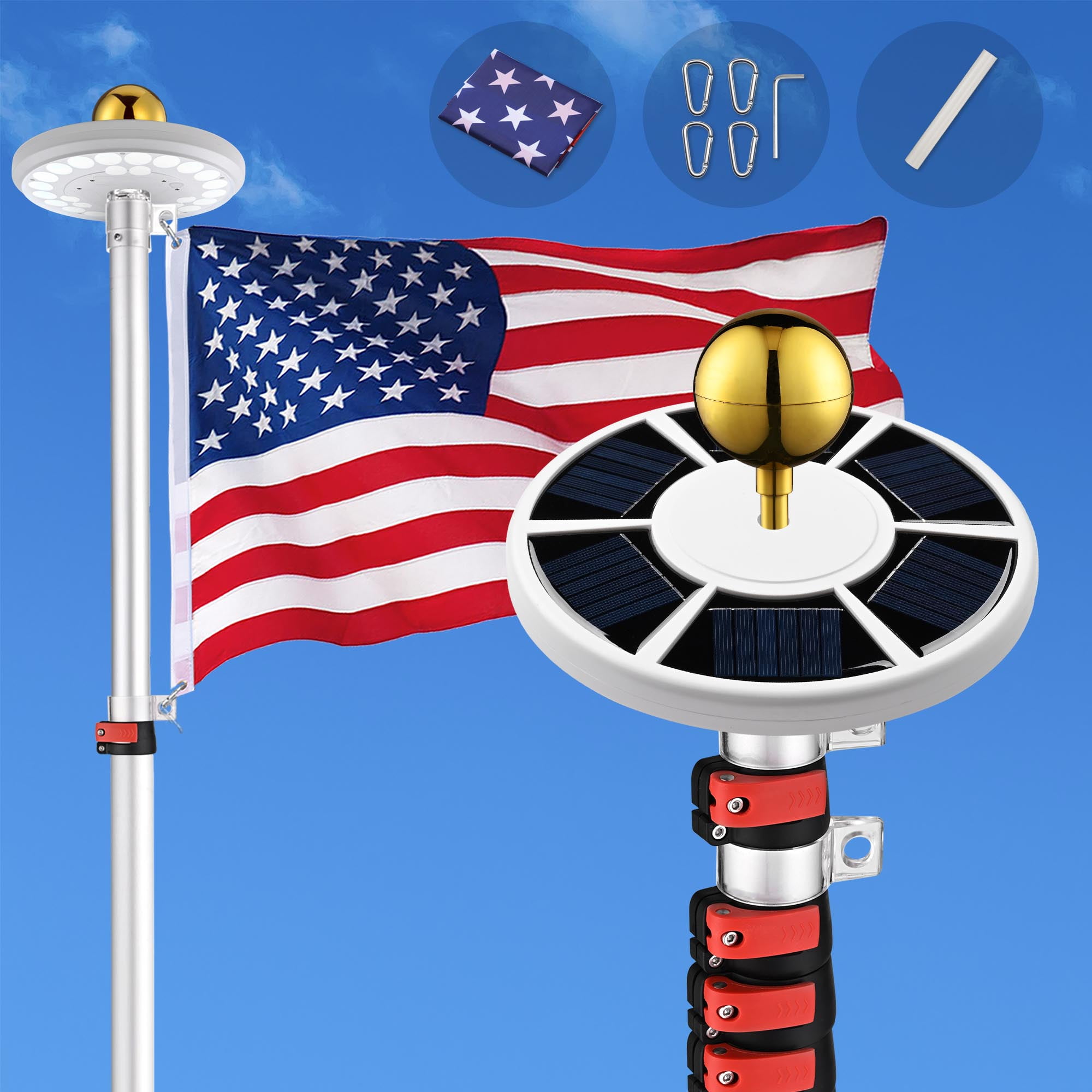 EZ GO 20 Ft Telescopic Flag Pole Kit with 26 LED Solar Light US Flag ...