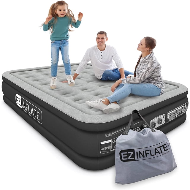 EZ Inflate Queen Size 16'' Luxury Camping Air Mattress, Blow-Up Bed ...