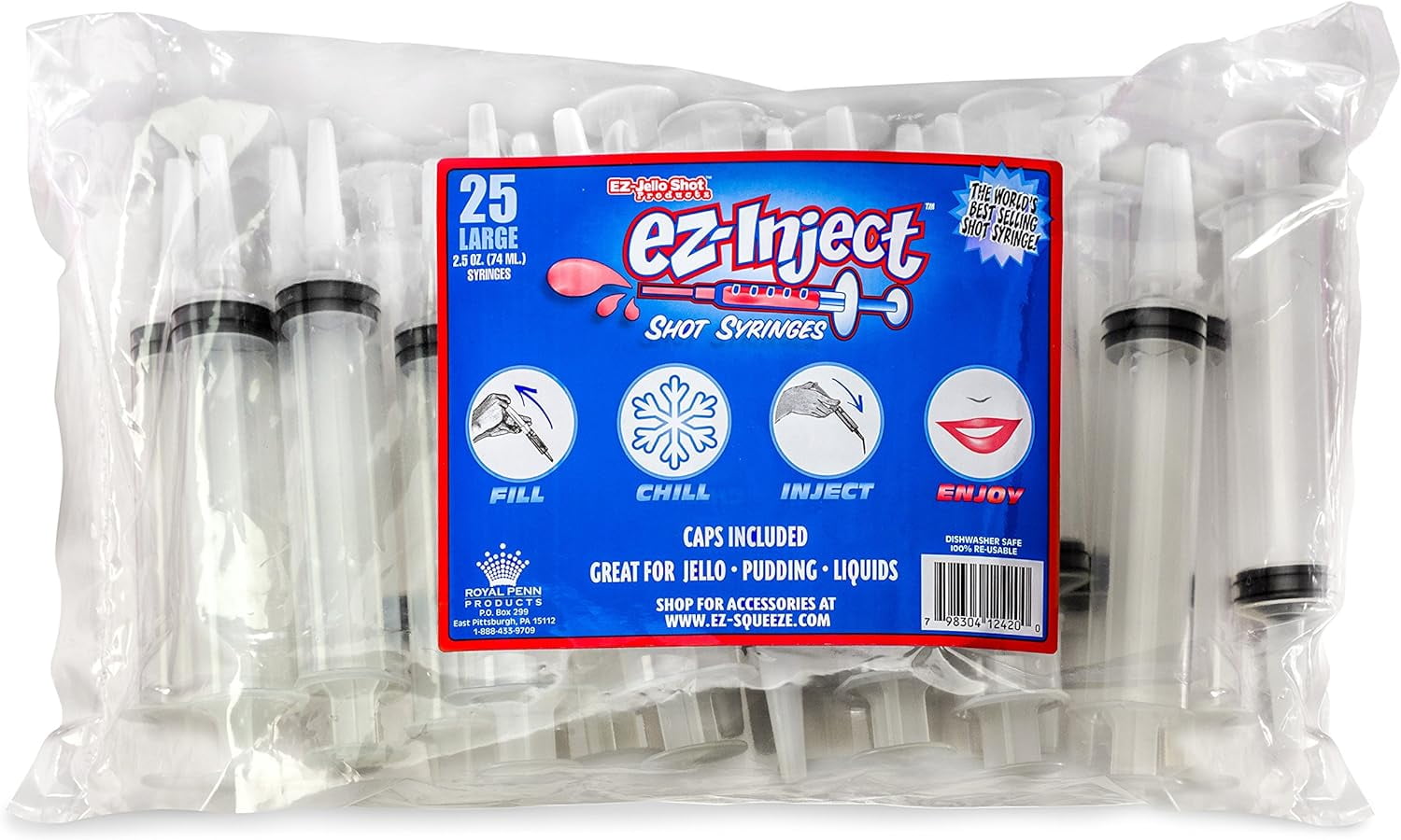 EZ-Inject 25 Pack Plastic Syringes for Jello Shots 2.5oz - 100% Safe ...