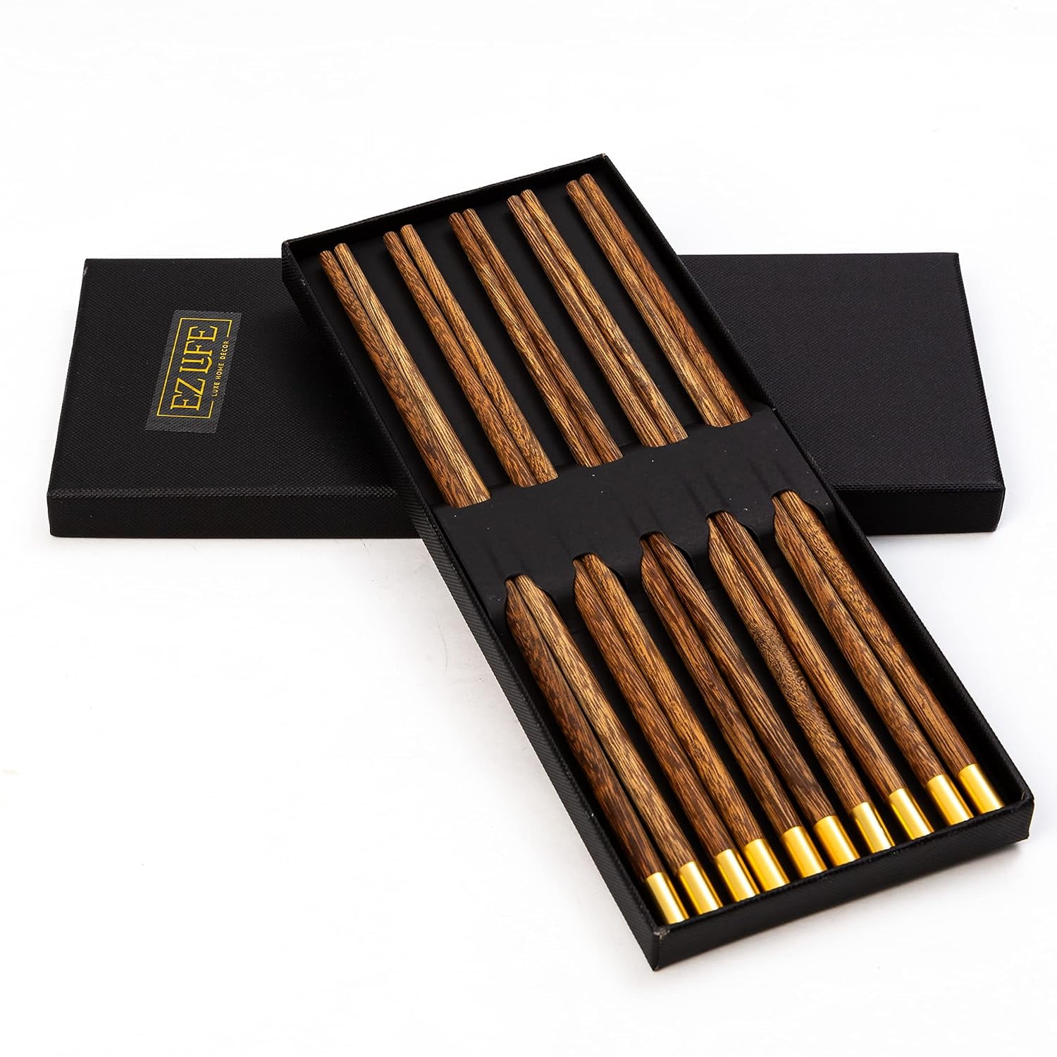 EZ Life 10 Pairs Light Rose Wood Round Chopsticks Set with Gold Top 25 ...