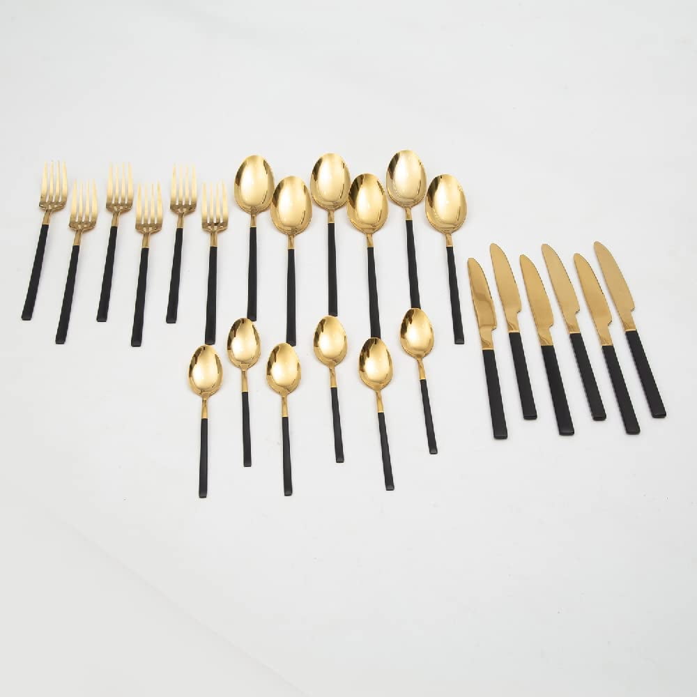 EZ Life Cressida 24 Piece Dinner Cutlery Set Golden with Black Handle ...