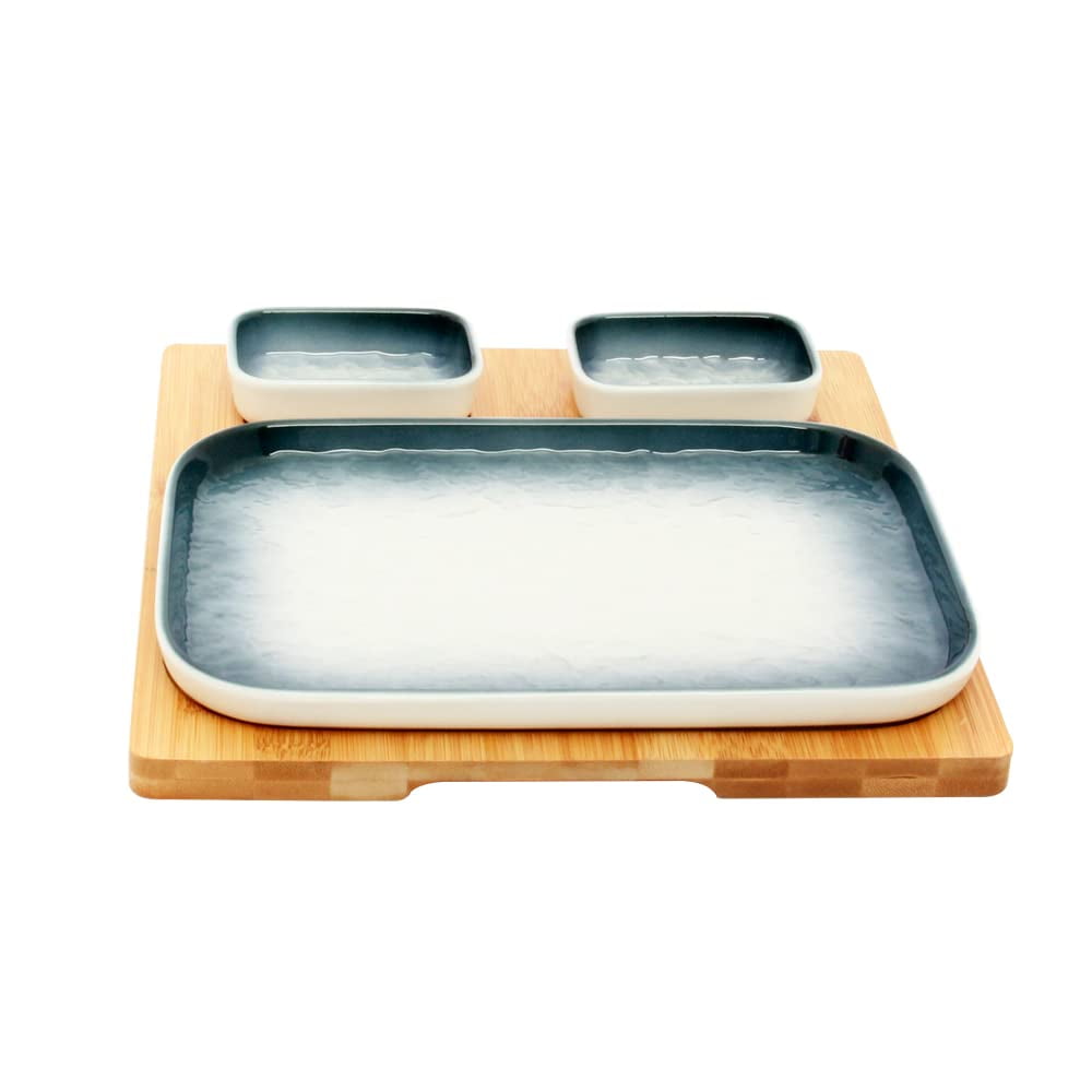 EZ Life GrayWhite Rectangle Sushi Plate Set WoodenTray 1 Plate 2 Bowls ...
