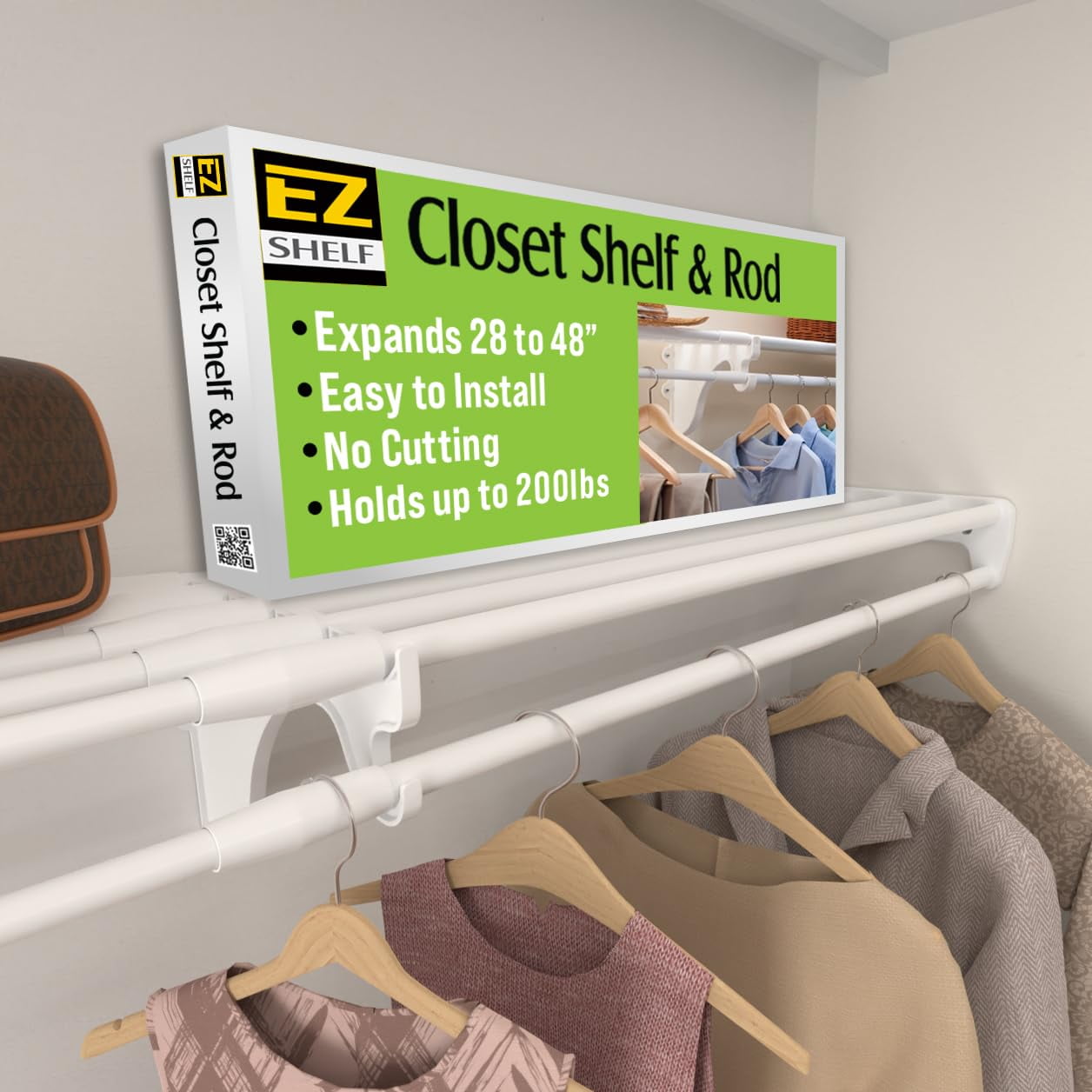 EZ SHELF Closet Shelf with Hanging Rod - 28-48” Expandable, White ...