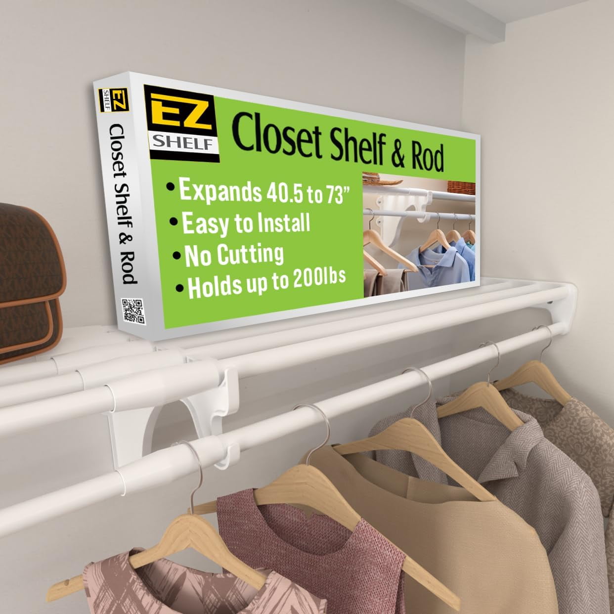 EZ SHELF- Closet Shelf with Hanging Rod, Expands 40.5-73", White ...