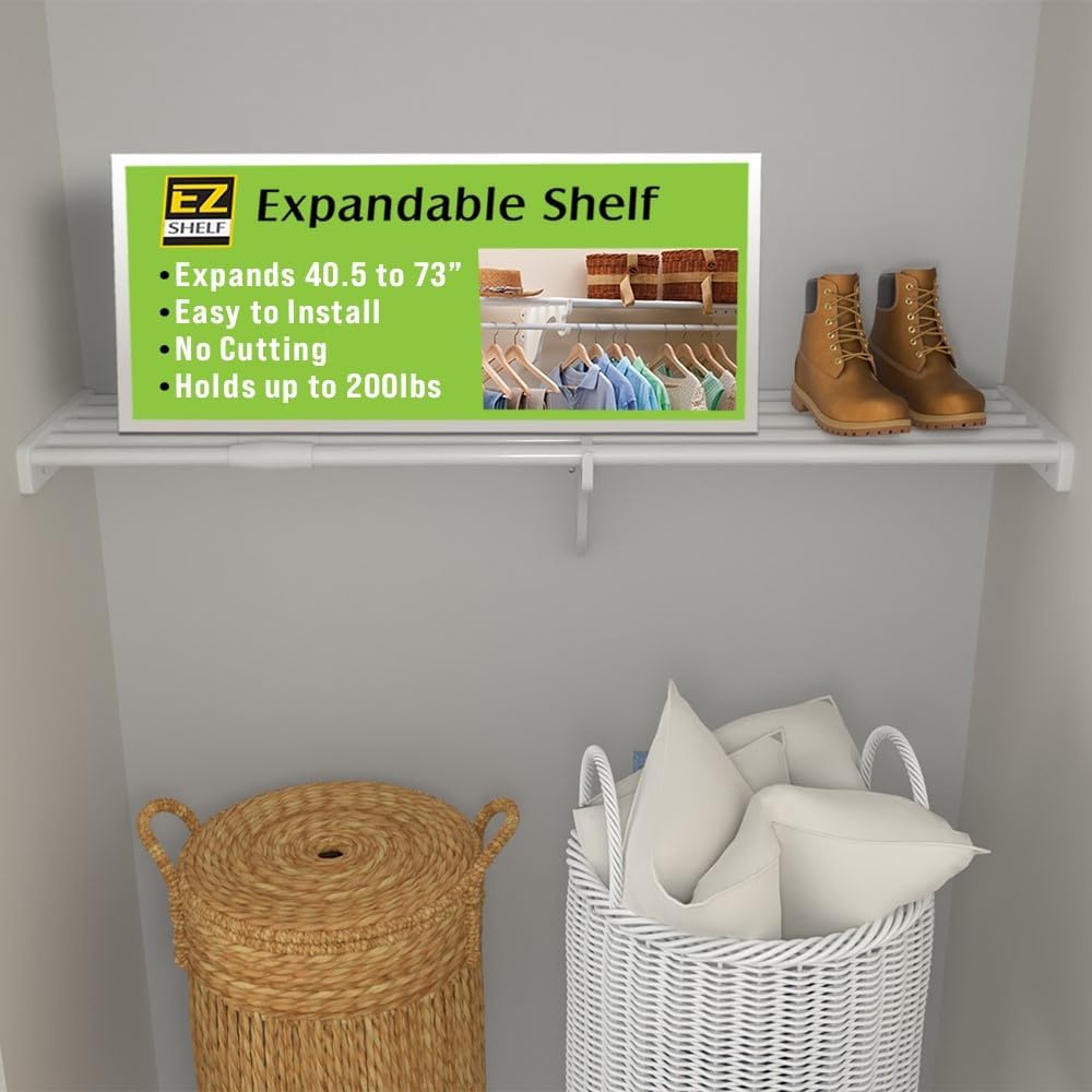 EZ Shelf - DIY Expandable Closet Shelf (NO Hanging Rod) - 40.5” to 73” - White - Easy to Install ...