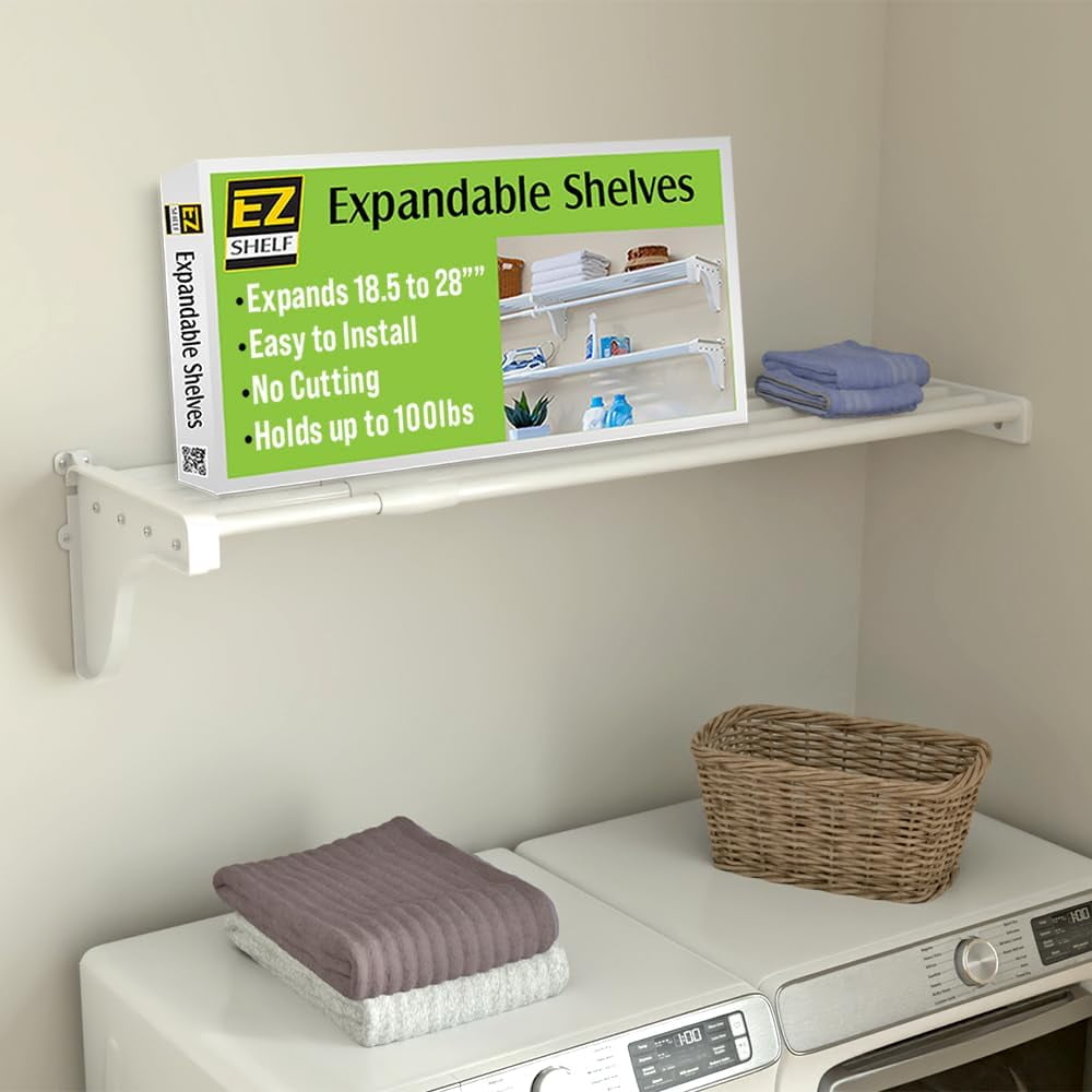 EZ Shelf Expandable-Closet Shelf (NO Hanging Rod)- 18.5” - 28” -White- Easy Install to 1 ...