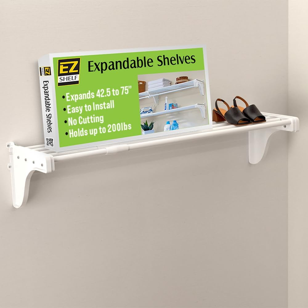 EZ Shelf-Expandable-Closet Shelf (NO Hanging Rod)- 42.5” to 75” -White-Easy Install to Backwall ...