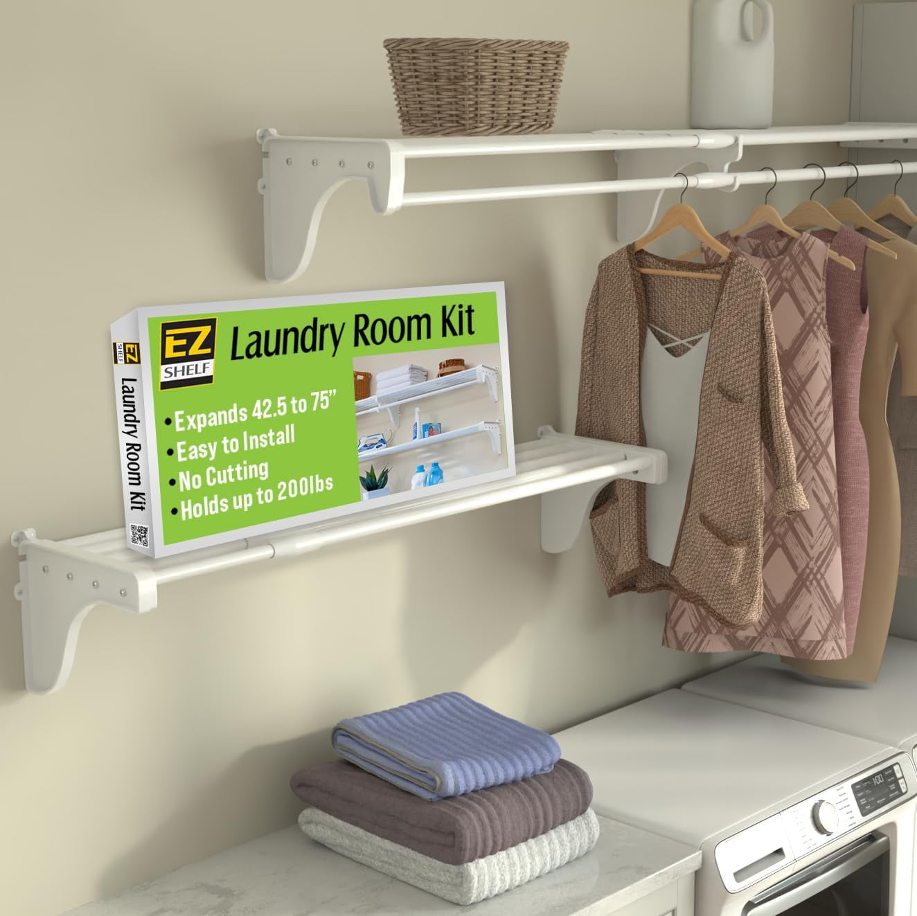 EZ Shelf White Expandable Storage Utility Rack for Laundry Room, Wall ...