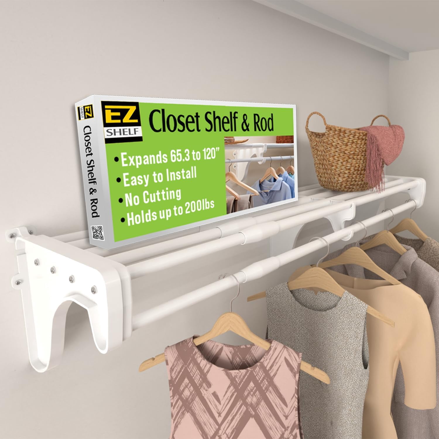 EZ Shelf - White Expandable 65.3” to 120” Closet Rod and Shelf - 200 ...