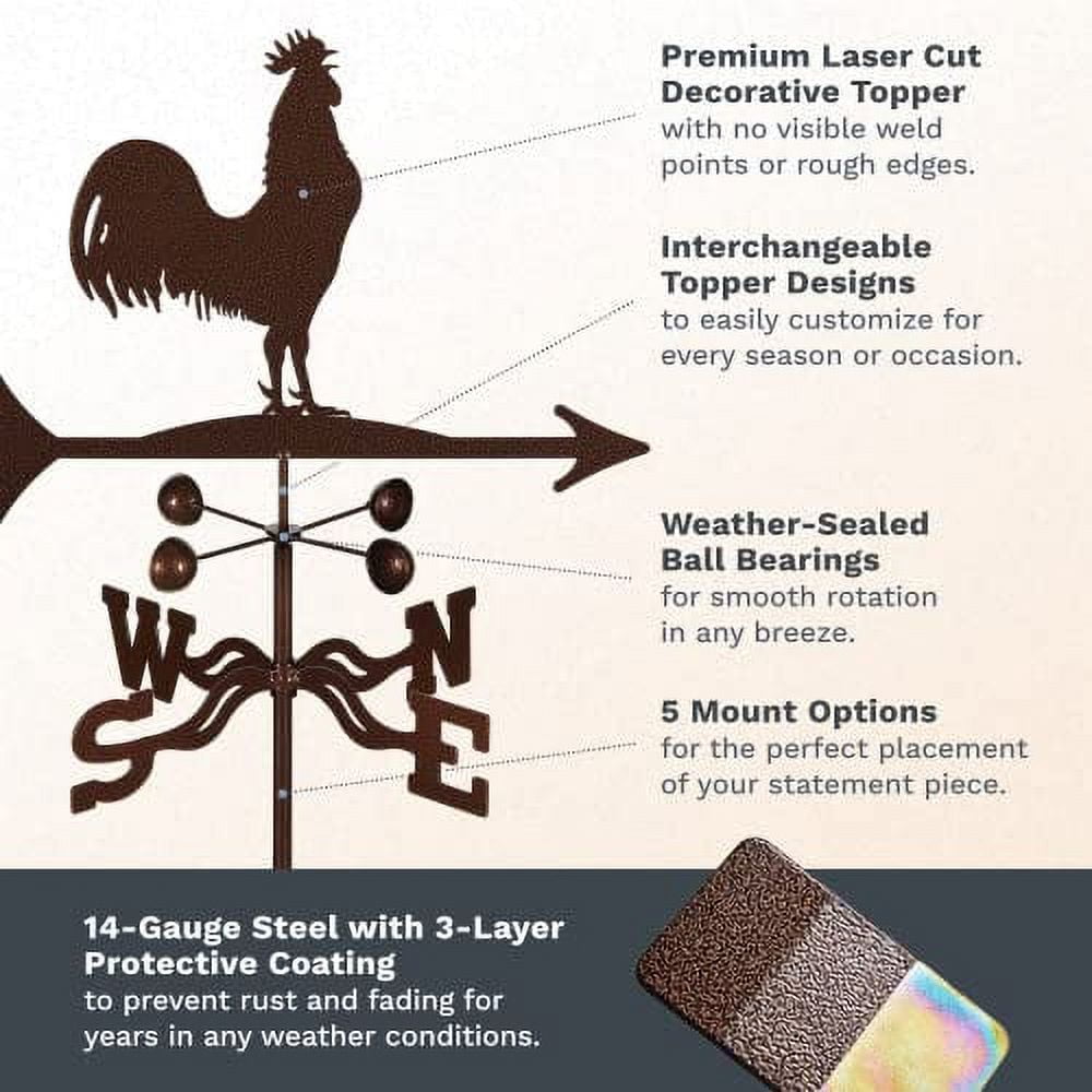EZ Vane Steel Rooster Weathervane 80” Height, Includes Metal Garden Mount, Wind Cups & Brackets ...