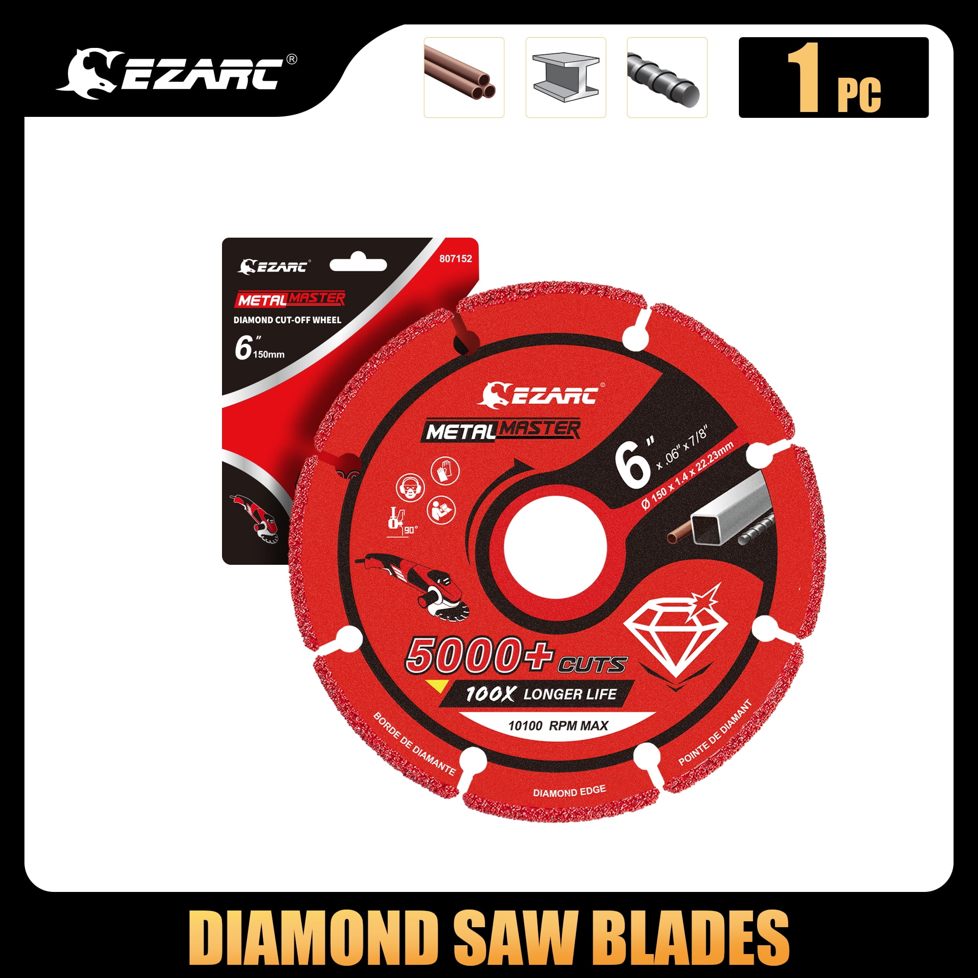 EZARC Diamond Cutting Wheel 6'' x 7/8 Inch for Metal, Cut Off Wheel with 5000+ Cuts on Rebar ...