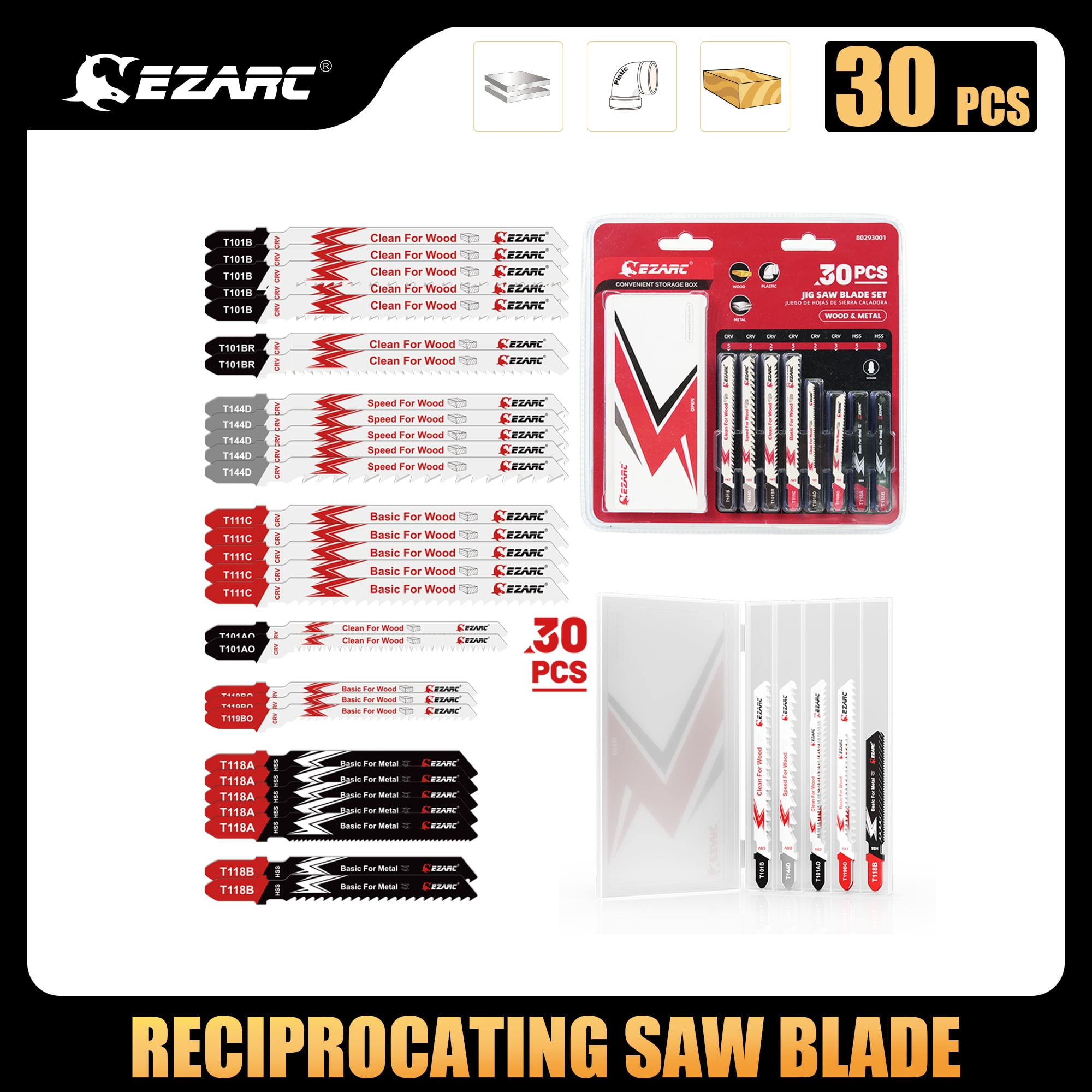 EZARC Jigsaw Blades Set 30pcs with Storage Case, Assorted T-Shank Replacement Jig Saw Blades for ...