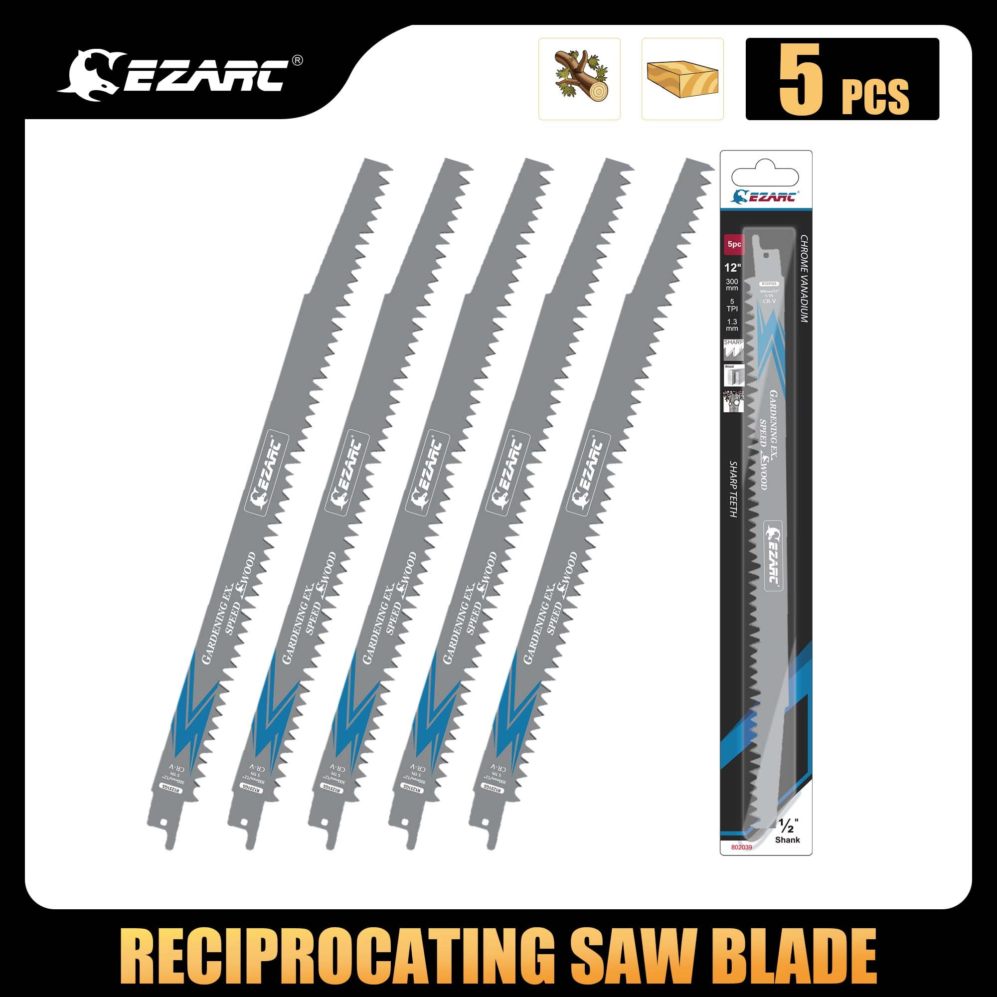EZARC Sabre Sawzall 5-Piece 12-Inch Wood Pruning Set, CR-V Ground Sharp ...